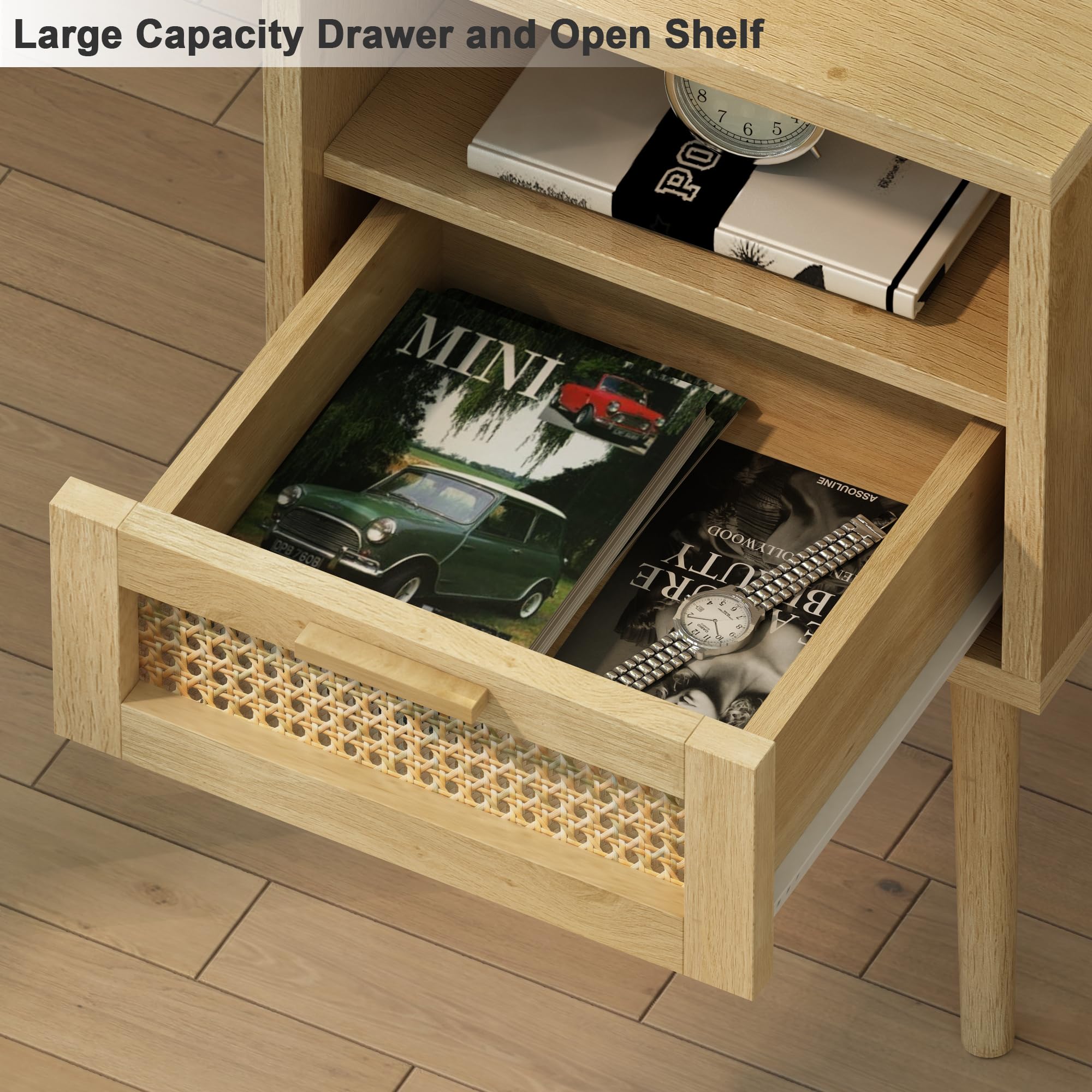 ChooChoo Rattan Nightstand with Charging Station, Boho Bedside Table with Drawer, Wood Accent End Side Table for Bedroom, Living Room and Small Spaces, Natural