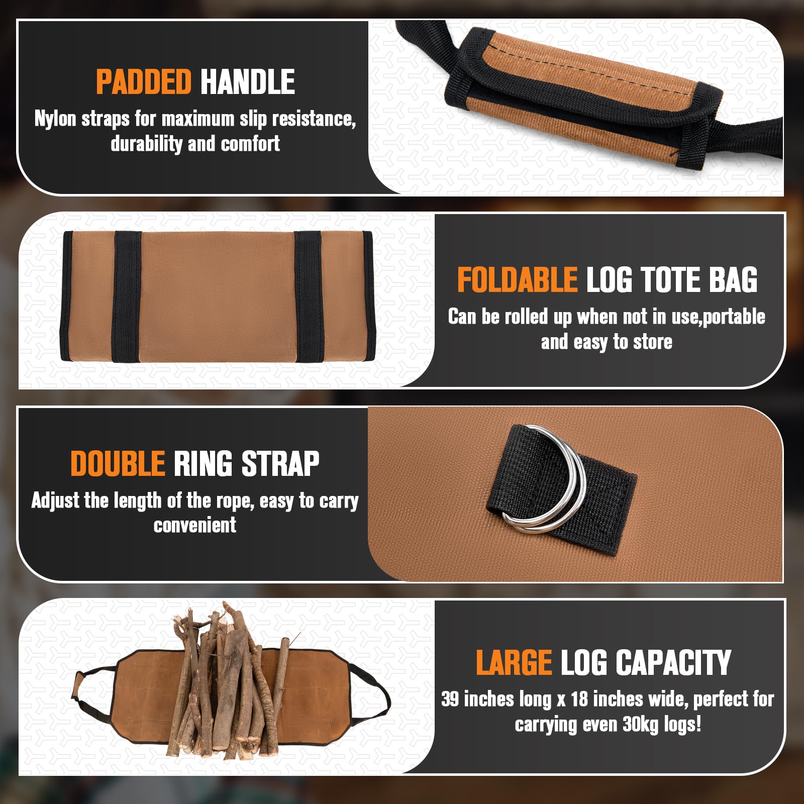 Firewood Carrier + Fire Poker + Fireplace Tongs - Fire Pit Tools for Indoor and Outdoor Use, Log Carrier for Firewood, 32 Inch Fire Poker, 26 Inch Fire Tongs, Fireplace Tools