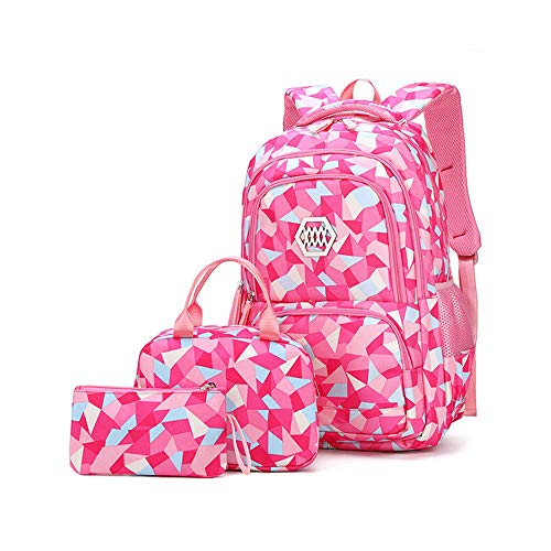 MITOWERMI 3Pcs Backpack for Girls Boys Kids Backpack with Lunch Box Pencil Case Water-resistant Lightweight Geometric-prints Bookbag for Elementary Middle School