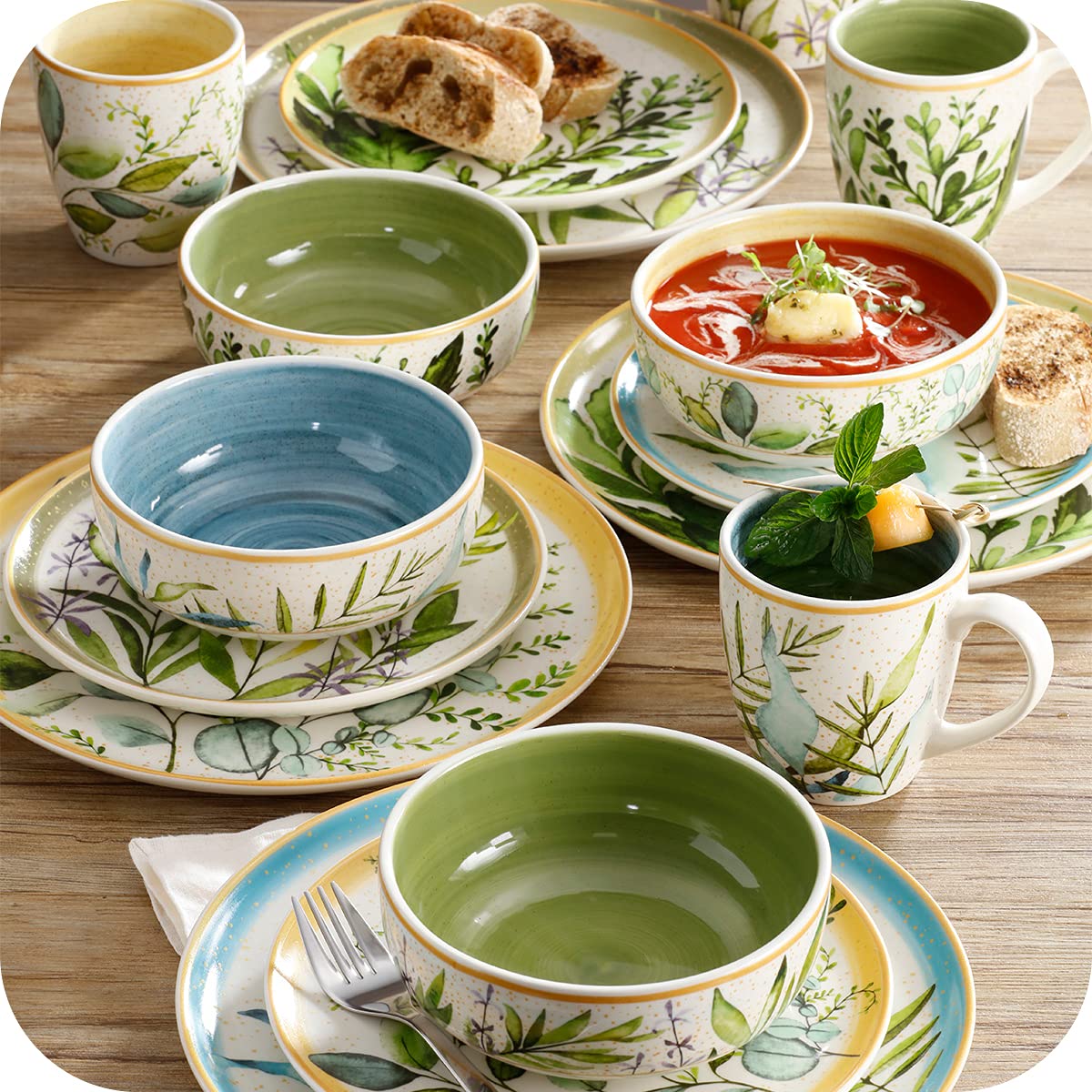 Corona Dinnerware Set 16β piece, Plates Bowls and Mugs Set, Ceramic Sets for 4, Microwave and Dishwasher Safe, Siena Italian Floral Design