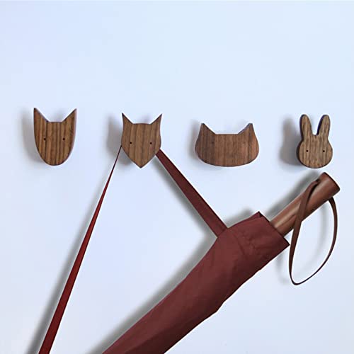 Tsnamay 4 Pack Animal Wood Wall Hooks, Black Walnut Unfinished Solid Wood Coat Hooks Wall Mounted for Hanging Bathroom Towels Clothes Hanger,Pattern Rabbit Cat Dog Fox