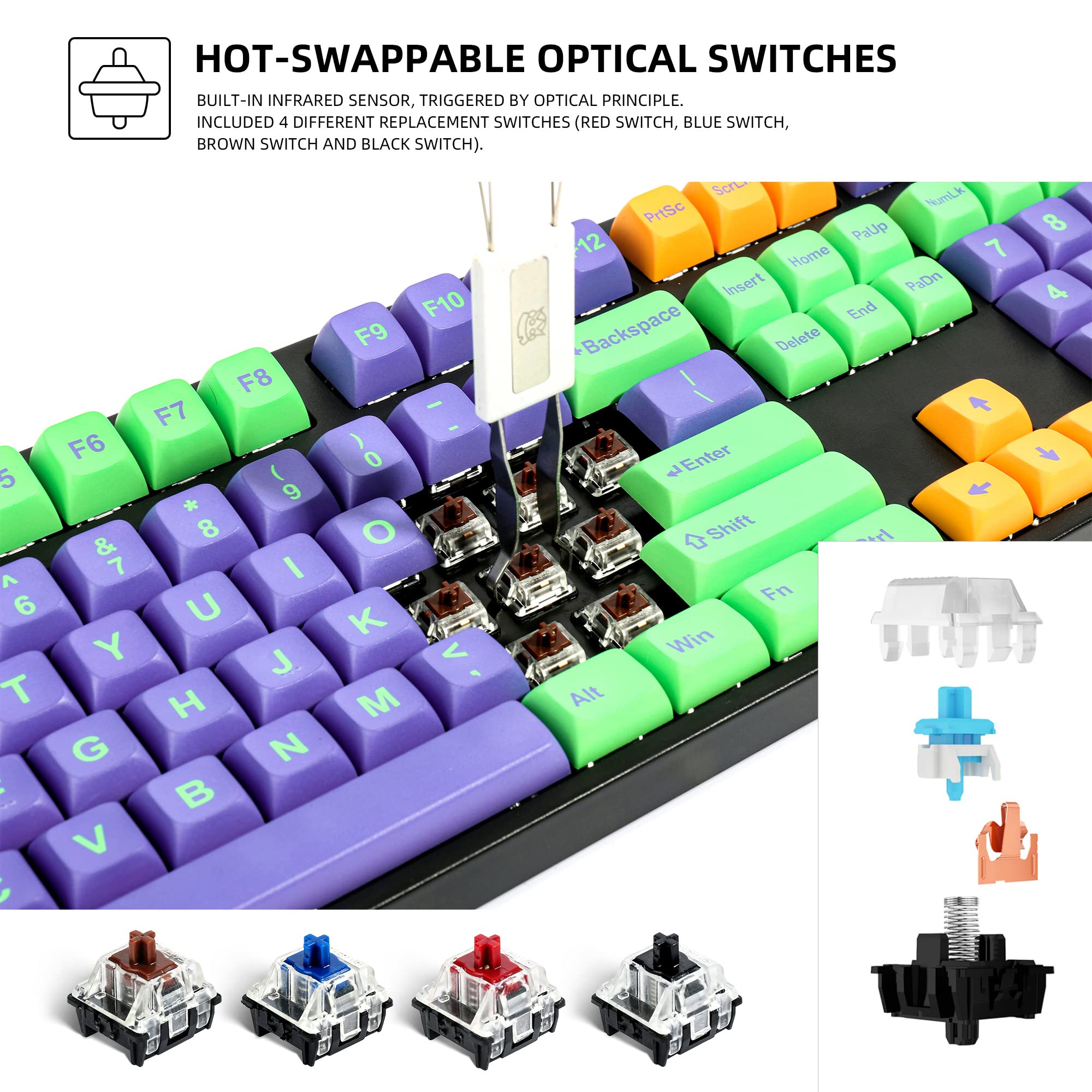 DUSTSILVER Mechanical Keyboard PC Gaming Keyboards 108 Keys Hot-swappable Keyboard Optical Blue Switch Anti-Ghosting USB Wired for Windows Mac
