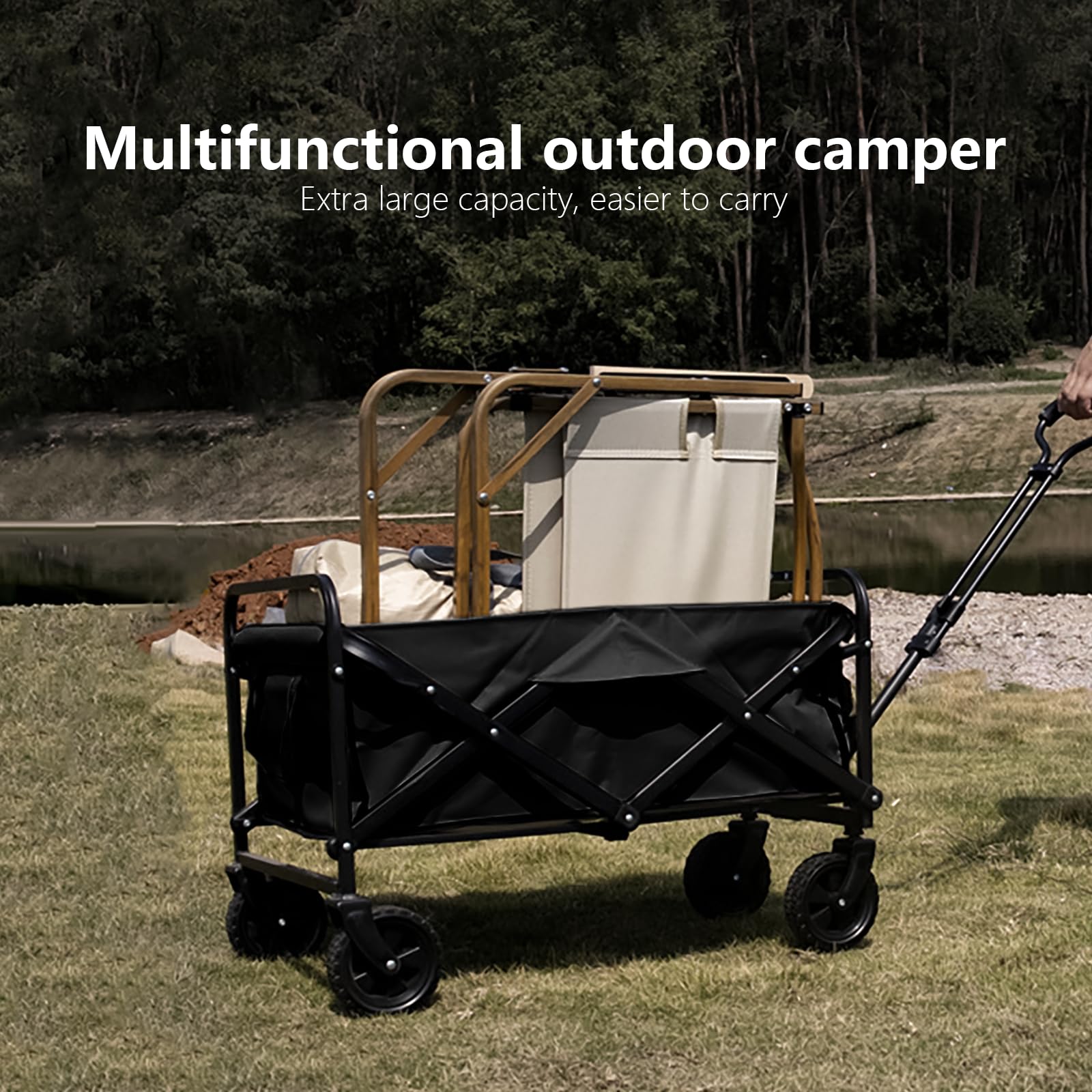 DAKEER Utility Wagon Cart with Wheels Foldable All-Terrain Wagon Stroller Small Lounge Wagon Beach cart Sports Outdoors Camping Beach Garden,Adjustable Handle,2 Side Pockets