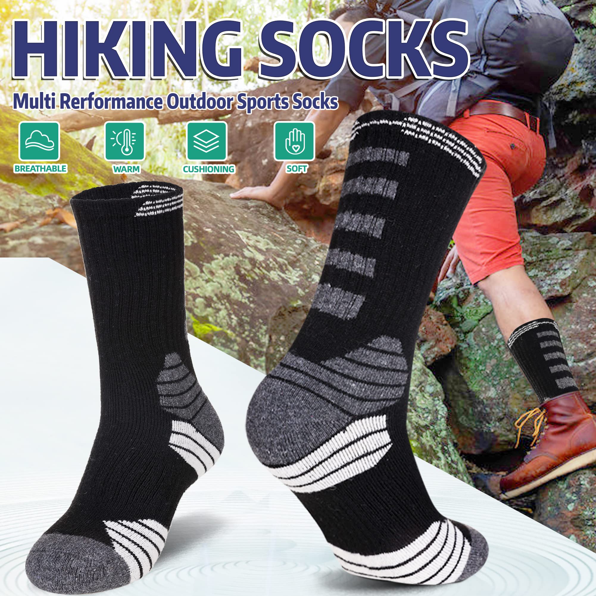 Eyean Mens Hiking Socks Merino Wool Winter Thick Thermal Warm Boot Cozy Cushion Work Socks 5 Pairs (Multicolor A)