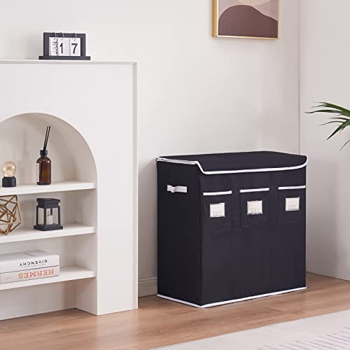 TECHMILLY 3 Section Large Laundry Basket, 140L Laundry Hamper with Lid,Waterproof Durable Clothes Hamper with 4 Removable Bags and 3 labels for Bathroom, Bedroom, Dorm, (Black)