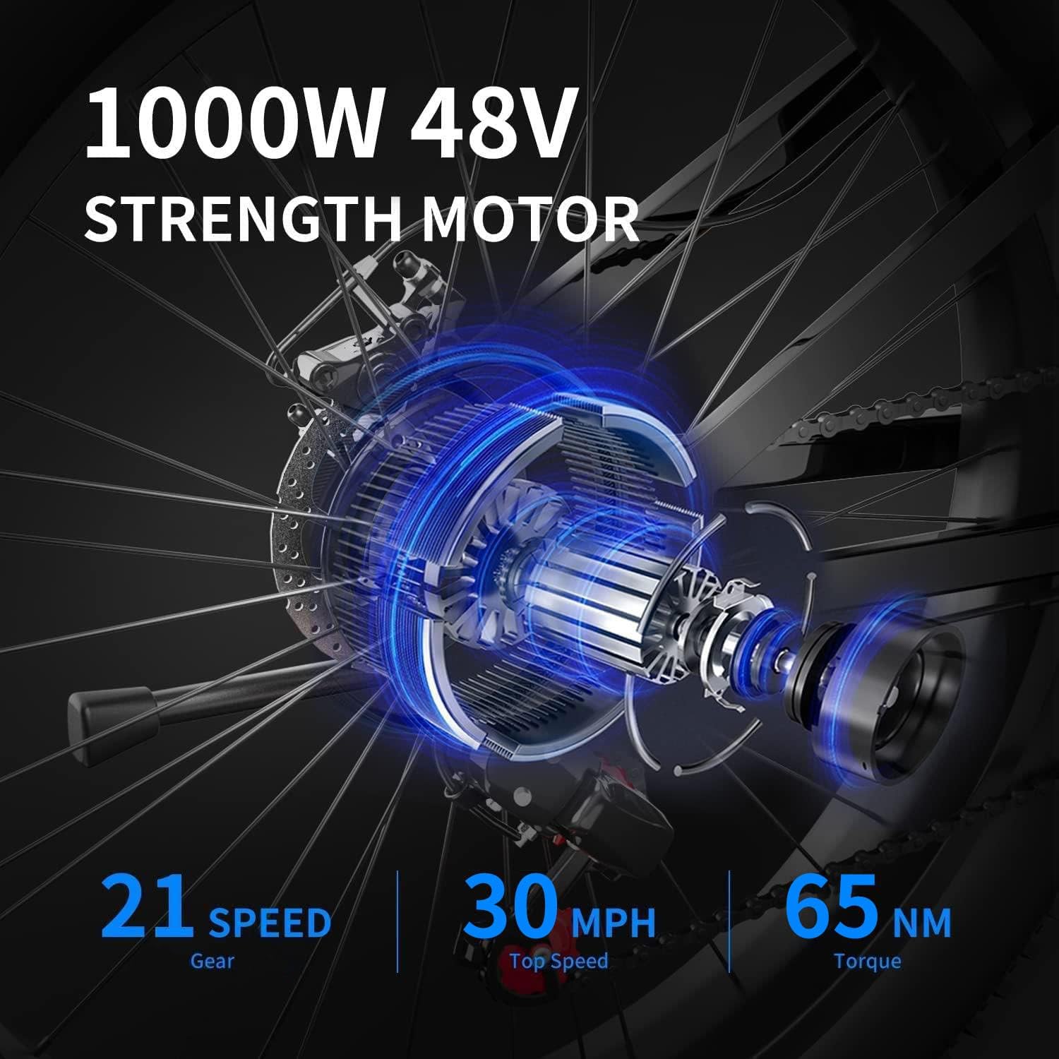 DEEPOWER H26 Folding Electric Bicycle, 1000W Motor 26" Fat Tire Electric Bike, 48V 12.8Ah Removable Lithium Battery, 21-Speed, Up to 30 MPH, Snow Beach Mountain Folding E Bikes