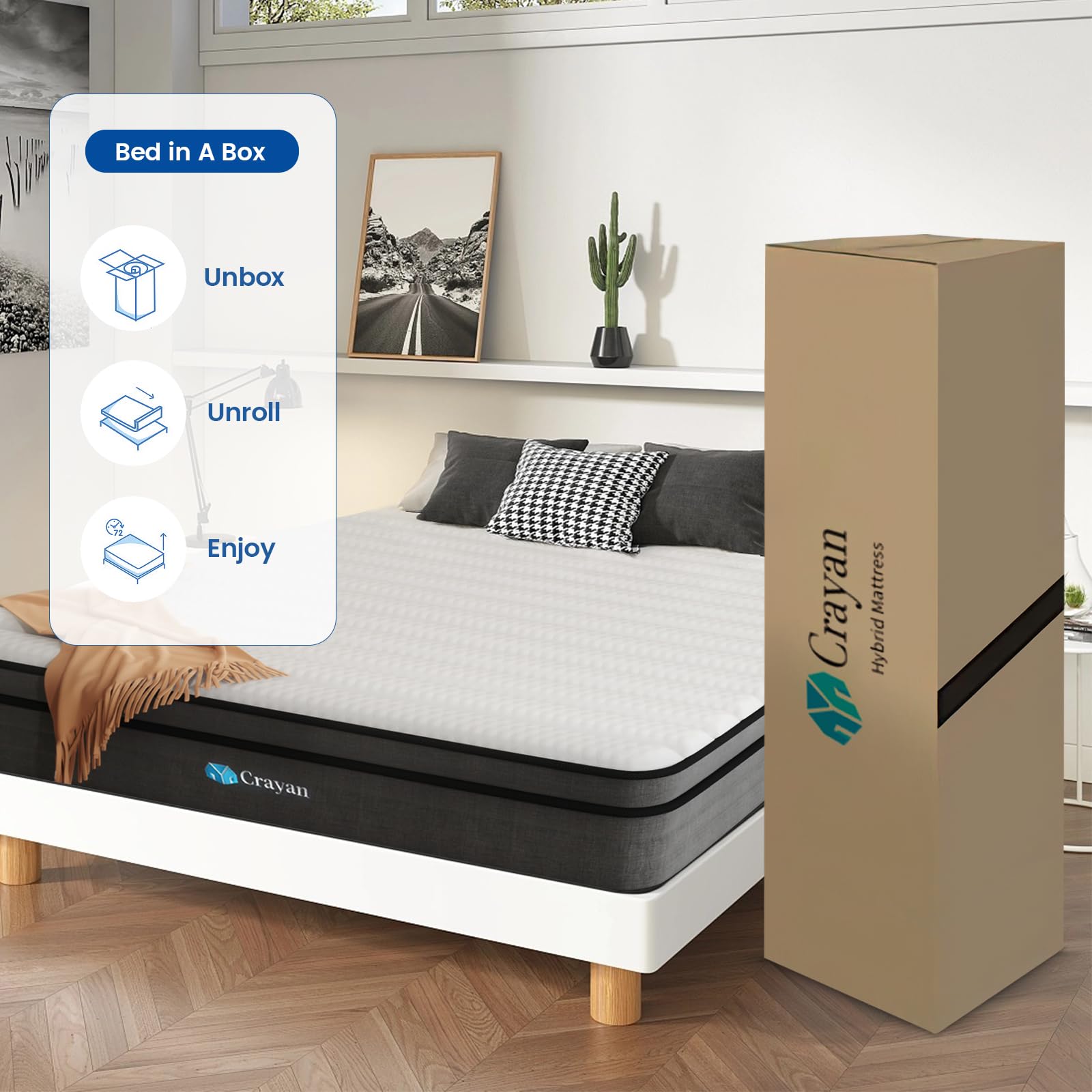 Crayan King Mattress, 12 Inch Memory Foam Mattress King Size, Innerspring Hybrid Mattress in a Box with Motion Isolation, Pressure Relief, CertiPUR-US