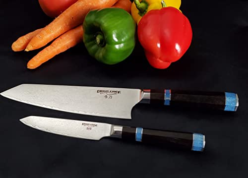 Ergo Chef Limited Series 2pc. Damascus Japanese VG10 8-inch Kiritsuke Knife and 5 inch Utility knife Set, Ebony and Blue Stabilized Wood Handles Includes Wooden Gift/Storage Box