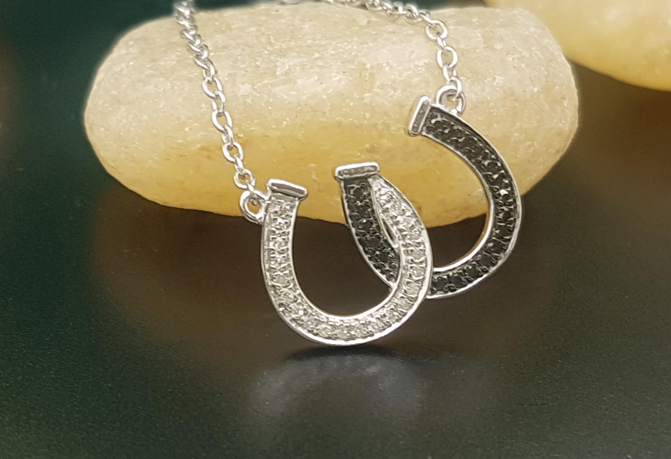 Dazzlingrock Collection 0.12 Carat (Ctw) Round Black & White Diamond Double Horseshoe Pendant with 18 inch Silver Chain for Women in in 925 Sterling Silver