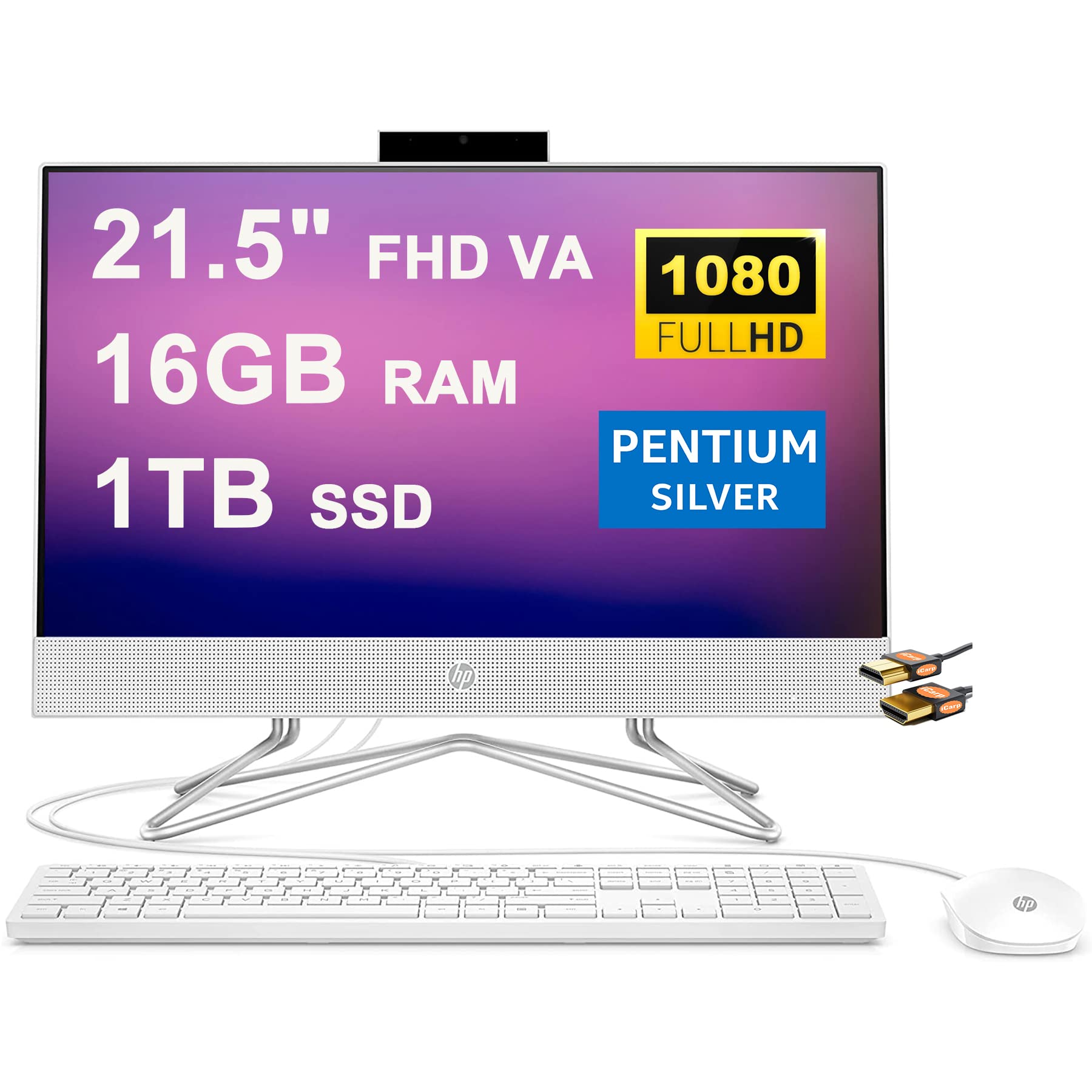 HP 22 AIO Desktop 21.5" Diagonal FHD VA Anti-Glare Display (72% NTSC) Intel Quad-Core Pentium Silver J5040 Processor 16GB RAM 1TB SSD Intel UHD Graphics 605 Win11 + HDMI Cable