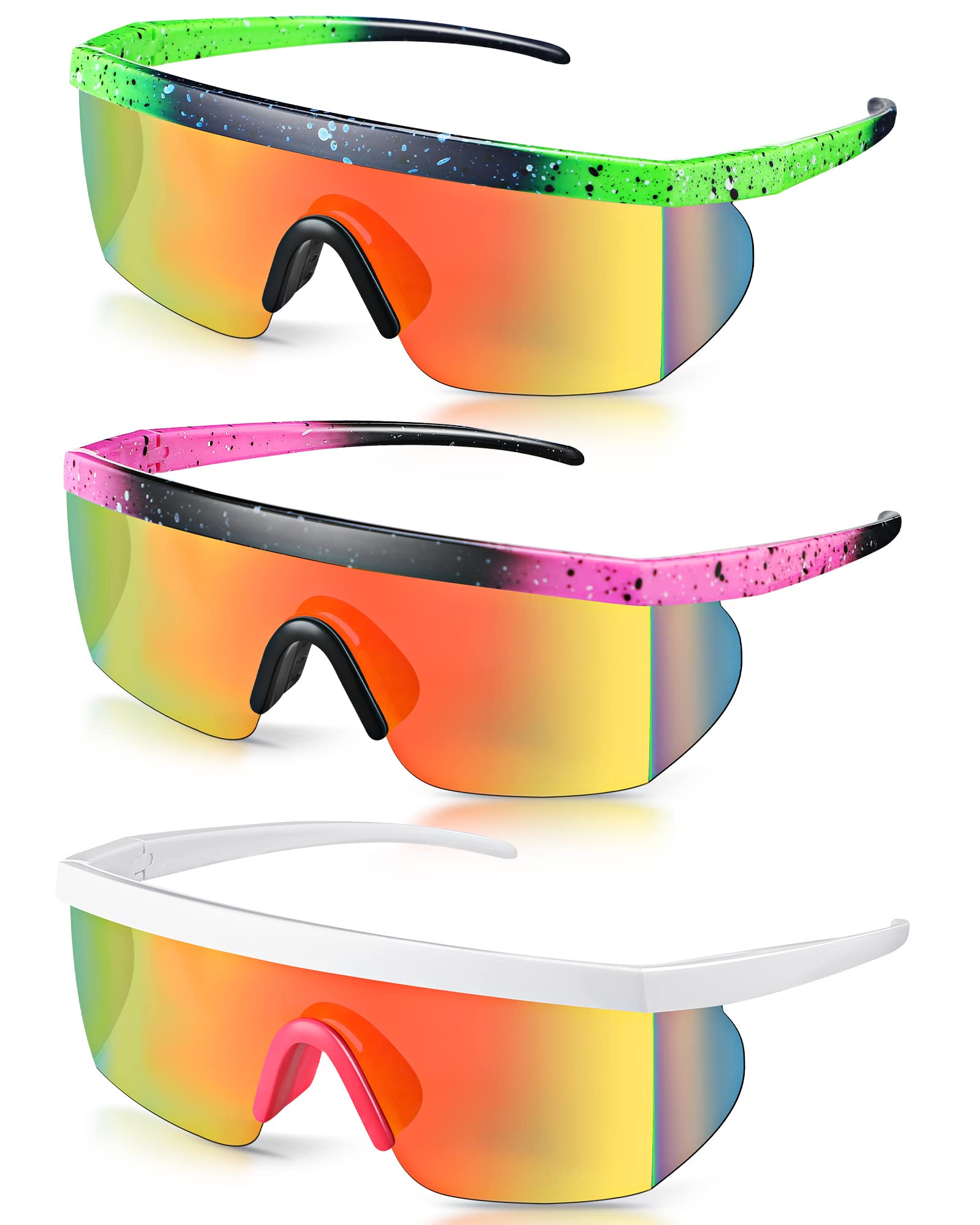 Fabbay 3 Pair Neon Retro Mirrored Sunglasses 80s 90s Semi Rimless Colored Lens Sunglasses for Sport Men Women(Classic Colors)