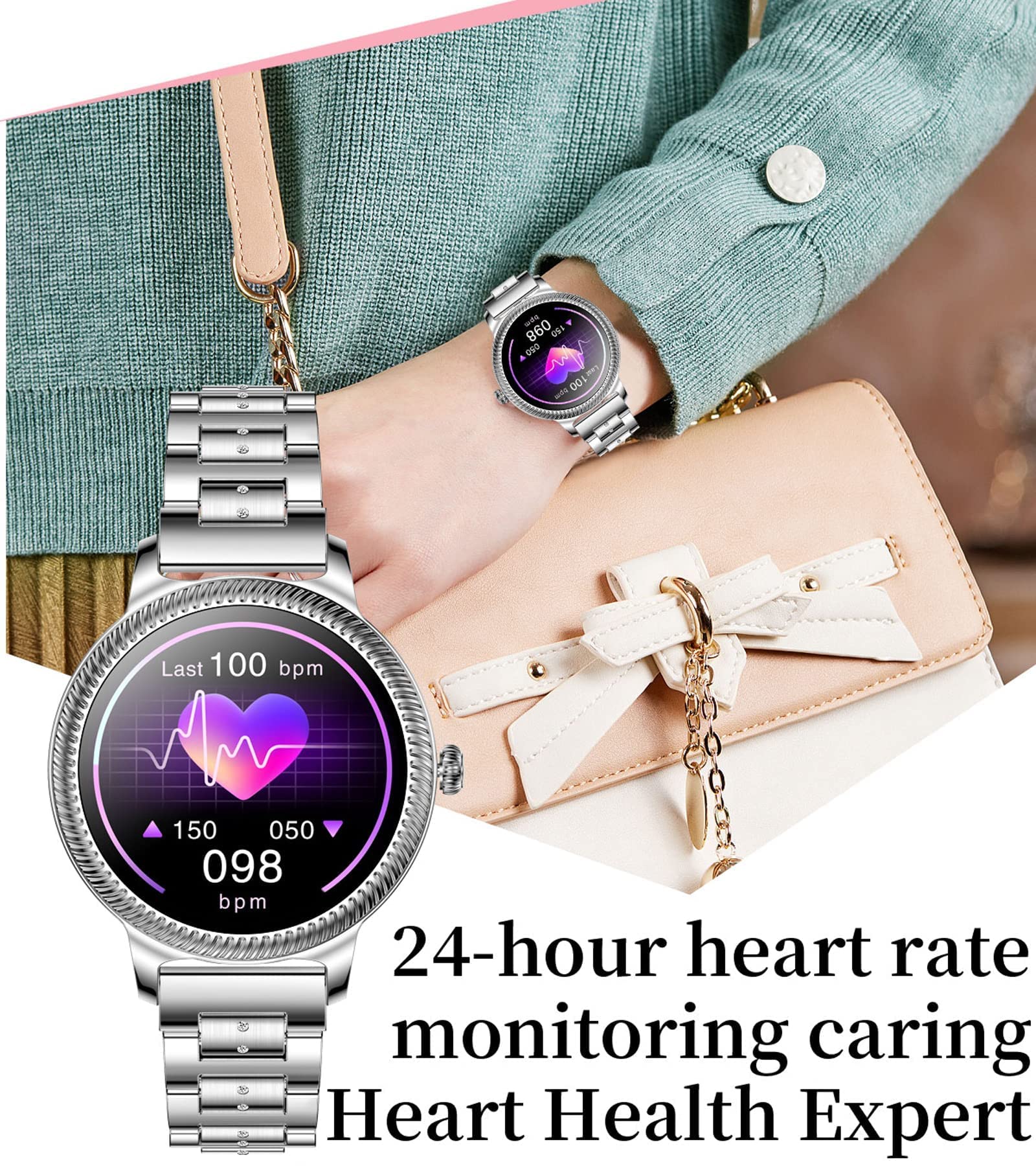 Yihou Smart Watches for Women Fitness Tracker Heart Rate Full Touch Screen Watch Pedometer Step Counter Smart Bracelet Text Call Reminder Waterproof Smart Watch for Android Phones Compatible iPhone