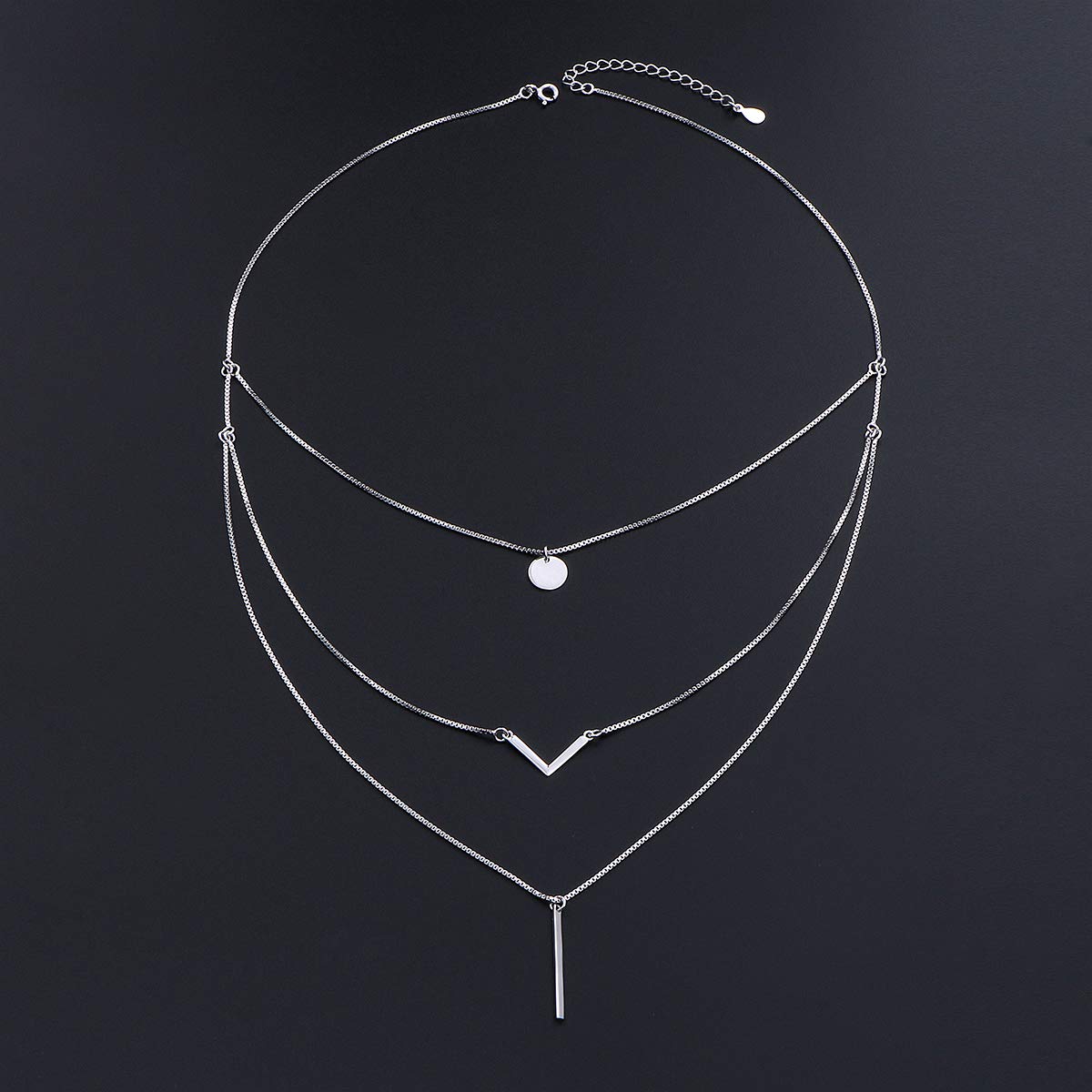 DAOCHONG S925 Sterling Silver Triple Layer Pendant Choker Necklace for Women 16"+2" (A)
