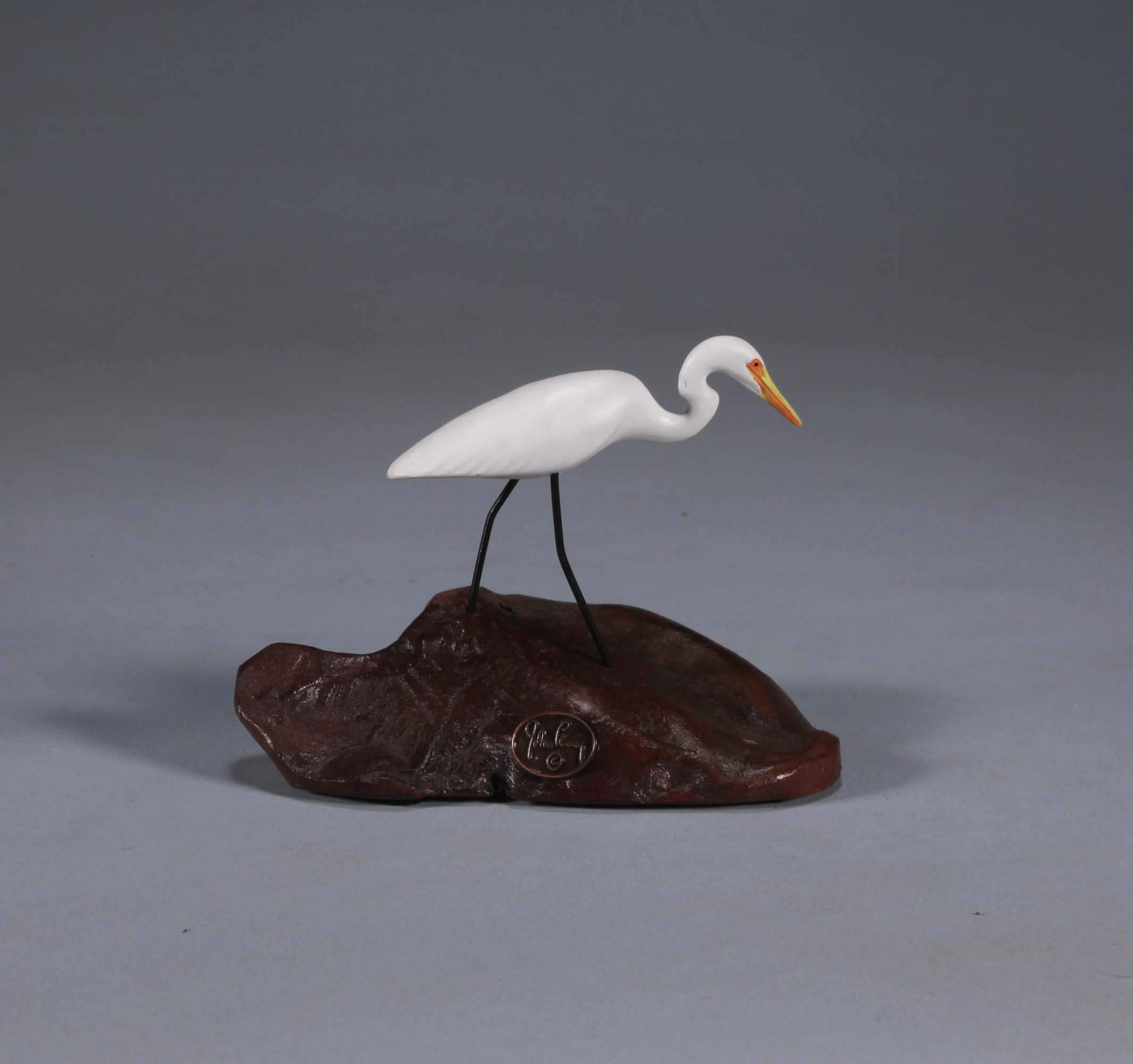Egret sculpture by John Perry 4 inches tall on burlwood base Hunting version Statue Figurine