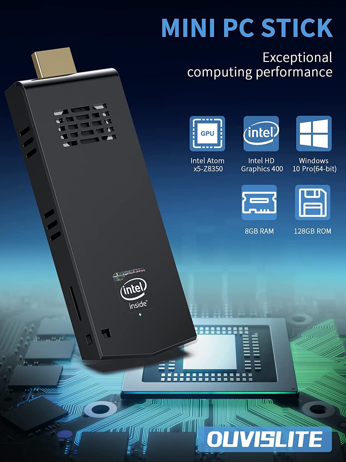 OUVISLITE Mini PC, Mini PC Stick 8GB RAM 128G ROM Atom X5-Z8350 Mini Computer Stick Win 10 Pro PC Stick 4K HDMI 2.4G / 5G WiFi Bluetooth 4.2 Auto Power On Business Office Home Theater