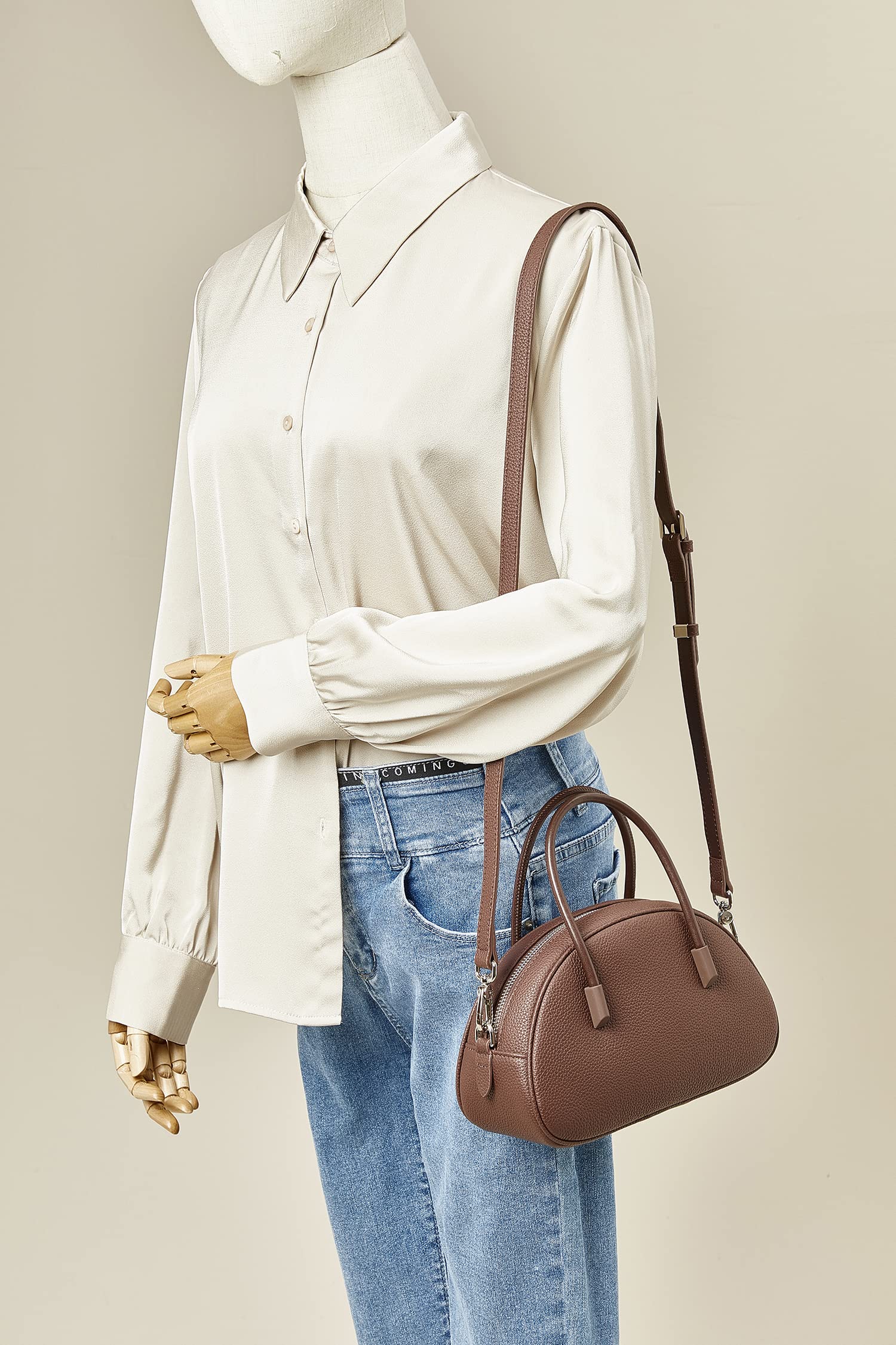 Designer Leather Tote Bags For Women Full Grain Shell Shape Top Handle Dome Handbags With Adjustable Strap (1-Dark Brown)
