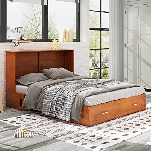 Mjkone Murphy Cube Cabinet Bed with USB Charging Station, Murphy Bed Cabinet with Large Drawer & Folding Mattress, Queen Size Bed Frame for Guest Room, Home, Office - Cherry