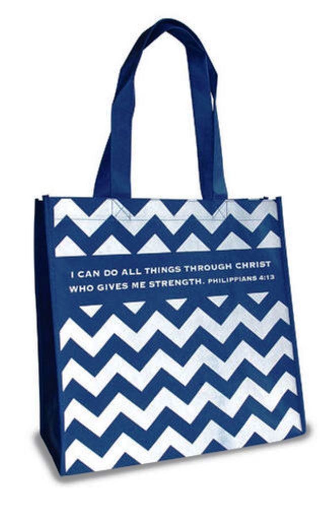 Divinity Boutique Non-woven fabric Chevron Print Eco Tote Bag - Philippians 4:13 "I Can Do All Things", 12-inches, Navy Blue