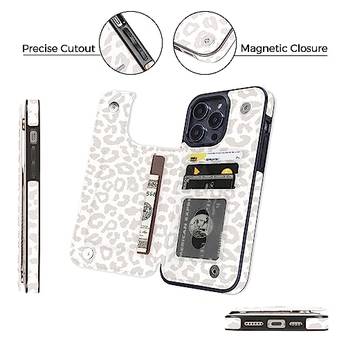 uCOLOR Compatible with iPhone 14 Pro Max 6.7" Wallet Case with Card Holder Folio Flip PU Leather Kickstand Card Slots Case Double Magnetic Clasp and RFID Blocking Cover 6.7 Inch (Beige Leopard)