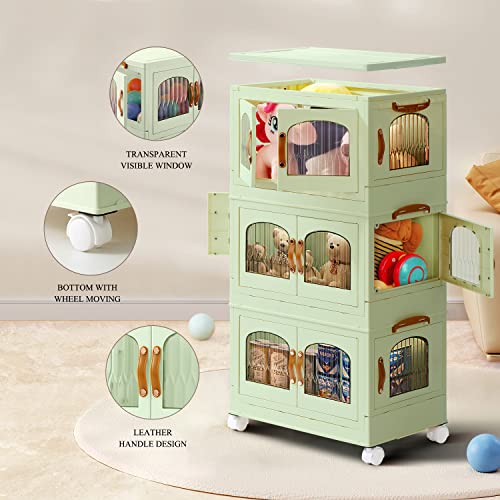 EHAMILY Stackable Storage Bins with 1 Lid Set 3 Tier,8.4 Gal Clear Plastic Folding Storage Box with Wheel and Door,Large Foldable Cabinet Collapsible Bin for Closet Organizer,Clothes,Green