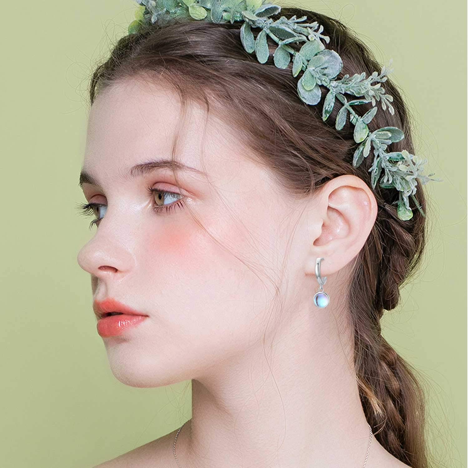 Cuoka Round Moonstone Earrings 925 Sterling Silver Small Moonstone Bead Hoop Earrings Rainbow Moonstone Dangle Earrings Jewelry for Women Mom