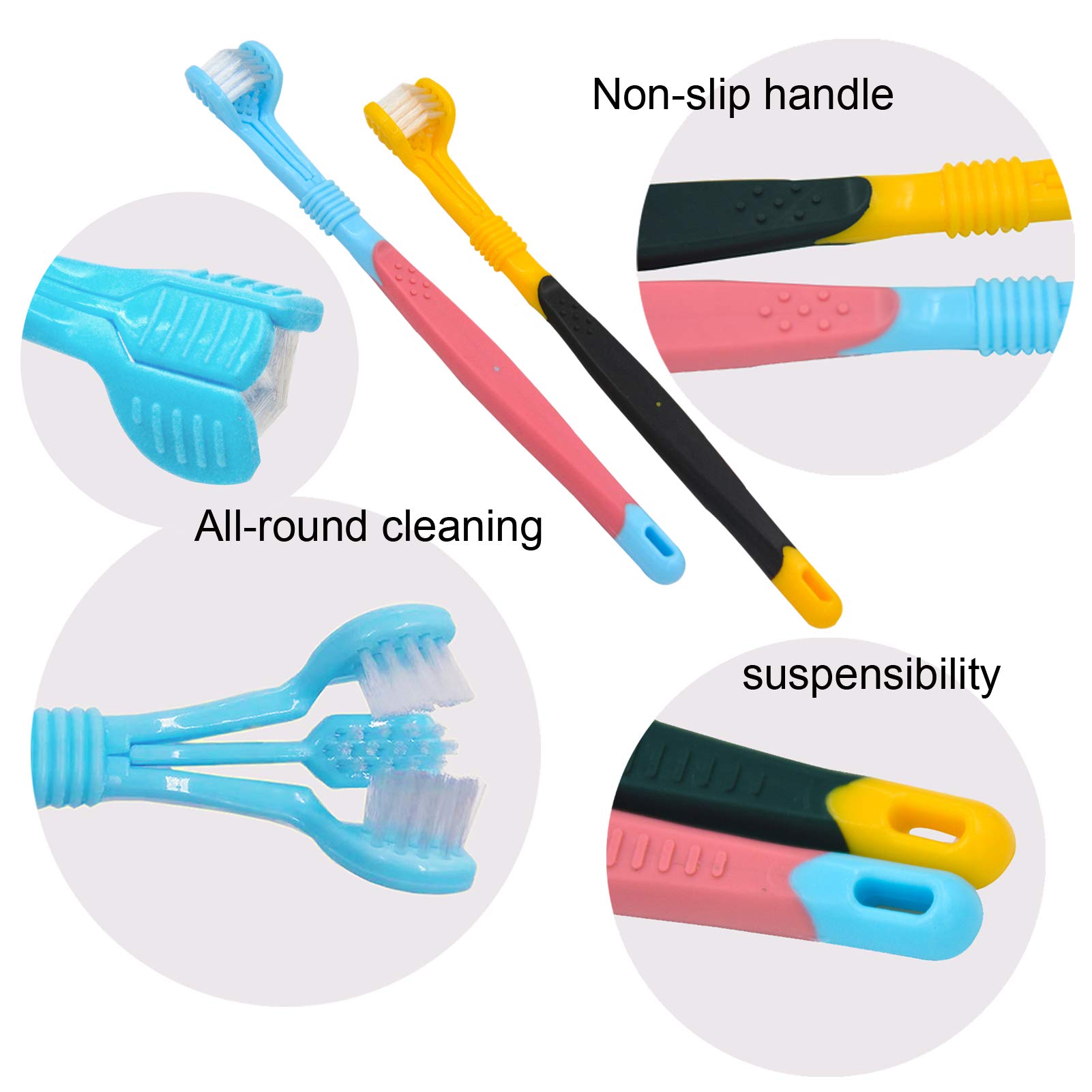 OperSeven Dog Toothbrushs, 2pcs Blue Yellow, Battery Powered, Suitable for Adult Dogs, Three Sided Design for Easy Teeth Cleaning