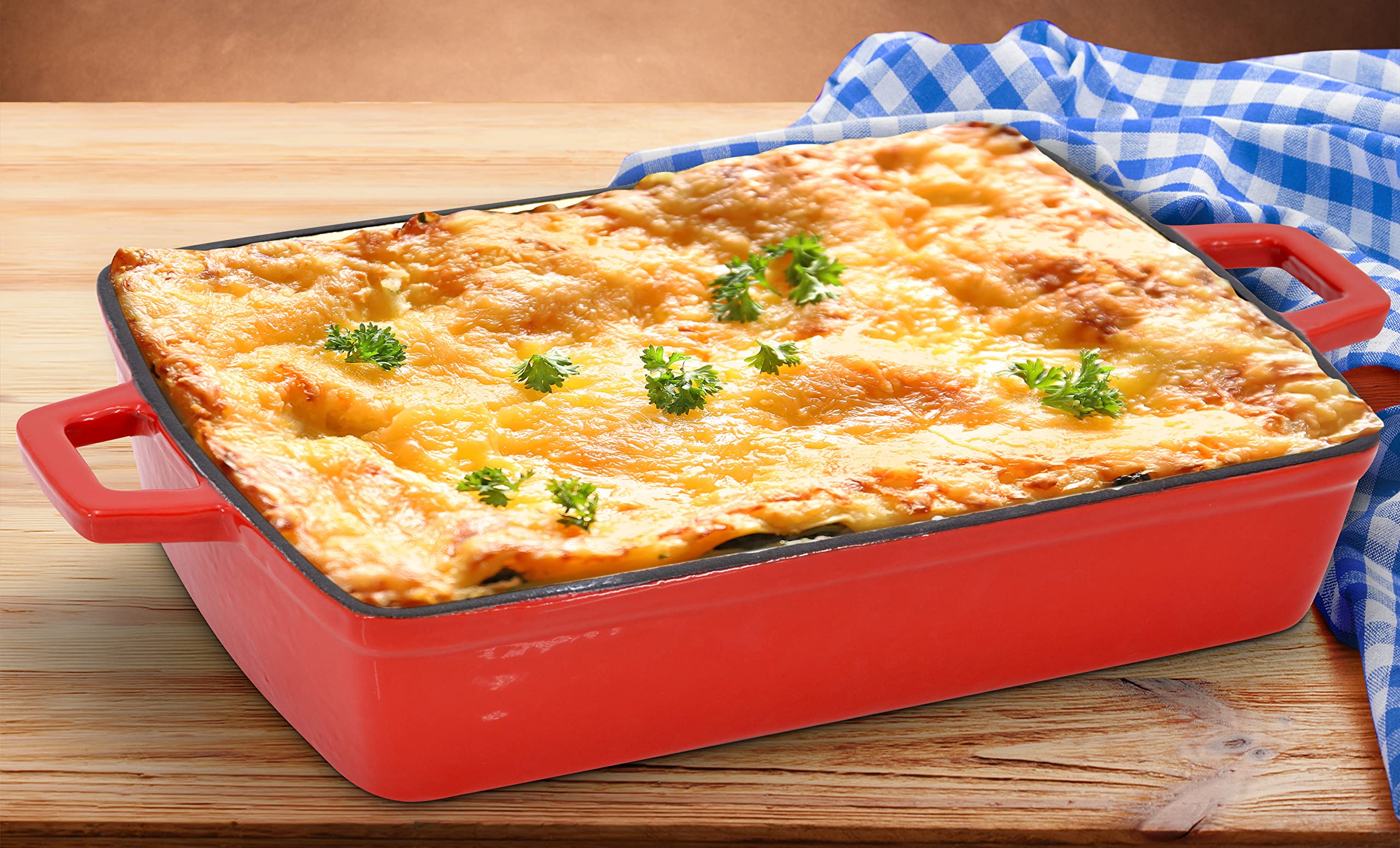 Eternal Living Enameled 13" Cast Iron Baking Pan Rectangular Lasagna Dish Large Roasting Pan Red