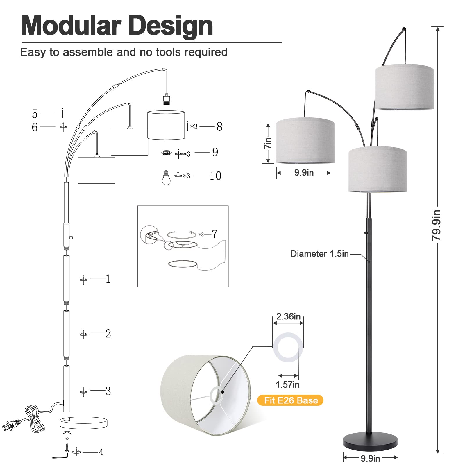 Dimmable Floor Lamp - 3 Lights Arc Floor Lamps for Living Room, 1000LM Modern Tall Standing Lamp With Gray Shades & Heavy Base, Mid Century Tree Floor Lamp for Bedroom Office, 3 LED Bulbs Included