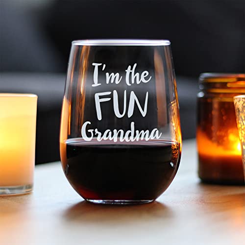 Fun Grandma β Cute Funny Stemless Wine Glass, Large 17 Ounce Size, Etched Sayings, Gift Box