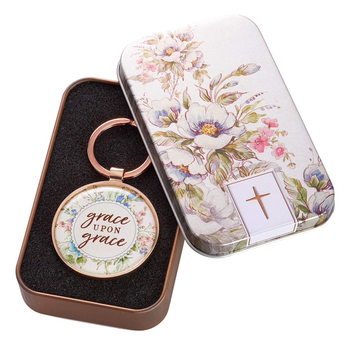 Christian Art Gifts Grace Upon Grace - John 1:16 Rose-Gold Metal Keychain Keyring Accessory for Women