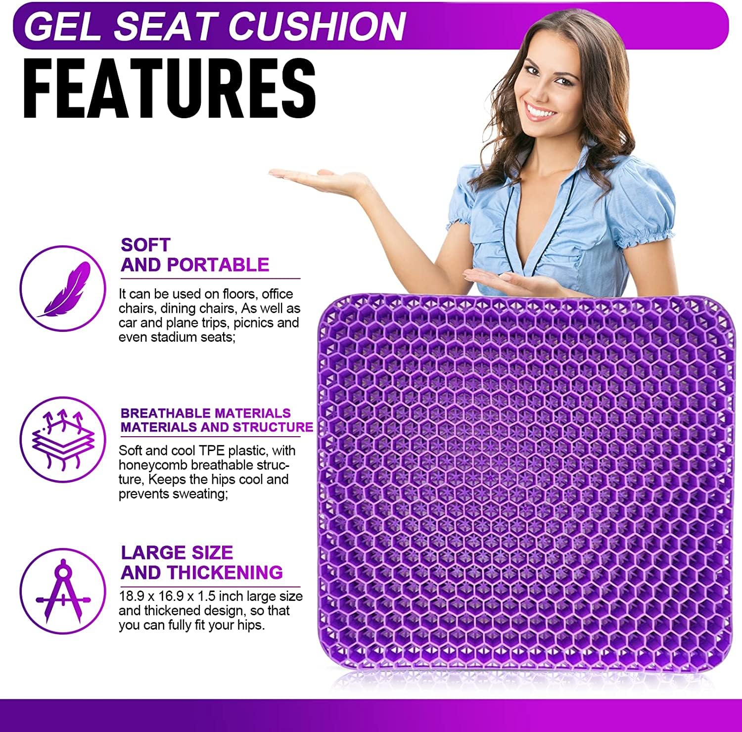 Gel Seat Cushion Pillow for Long Sitting β Office Chair Car Egg Seat Cushion with Non-Slip Cover for Back, Coccyx & Tailbone Pain Relief Pad - Pressure Reducing Honeycomb Designed for Comfort