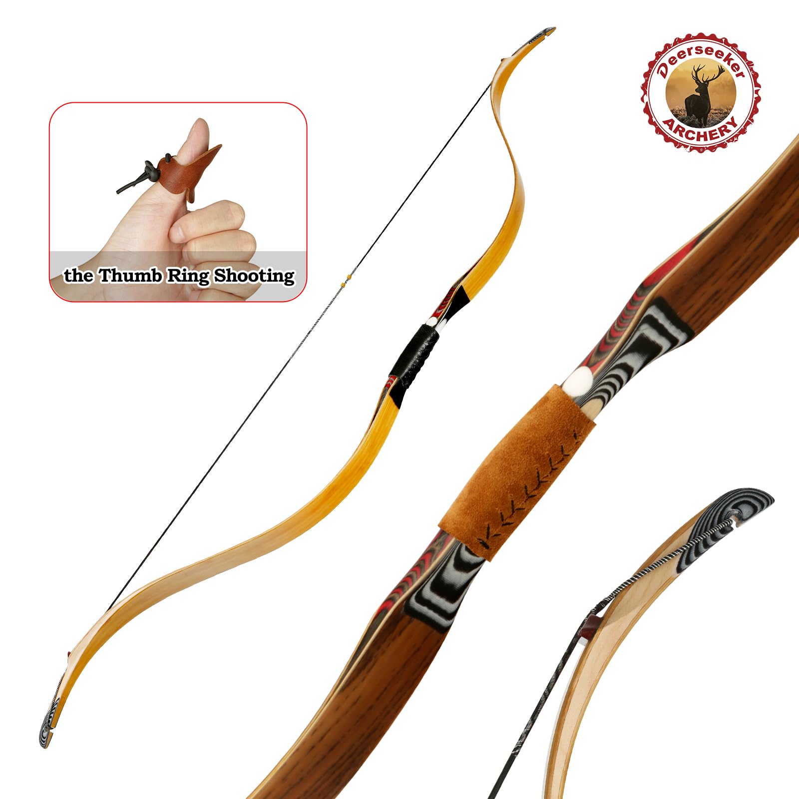 Deerseeker Archery 52" Longbow Traditional Handmade Recurve Bows Ambidextrous Horsebows for Adults & Youth Hunting Target Shooting (horsebow Set 55lbs)