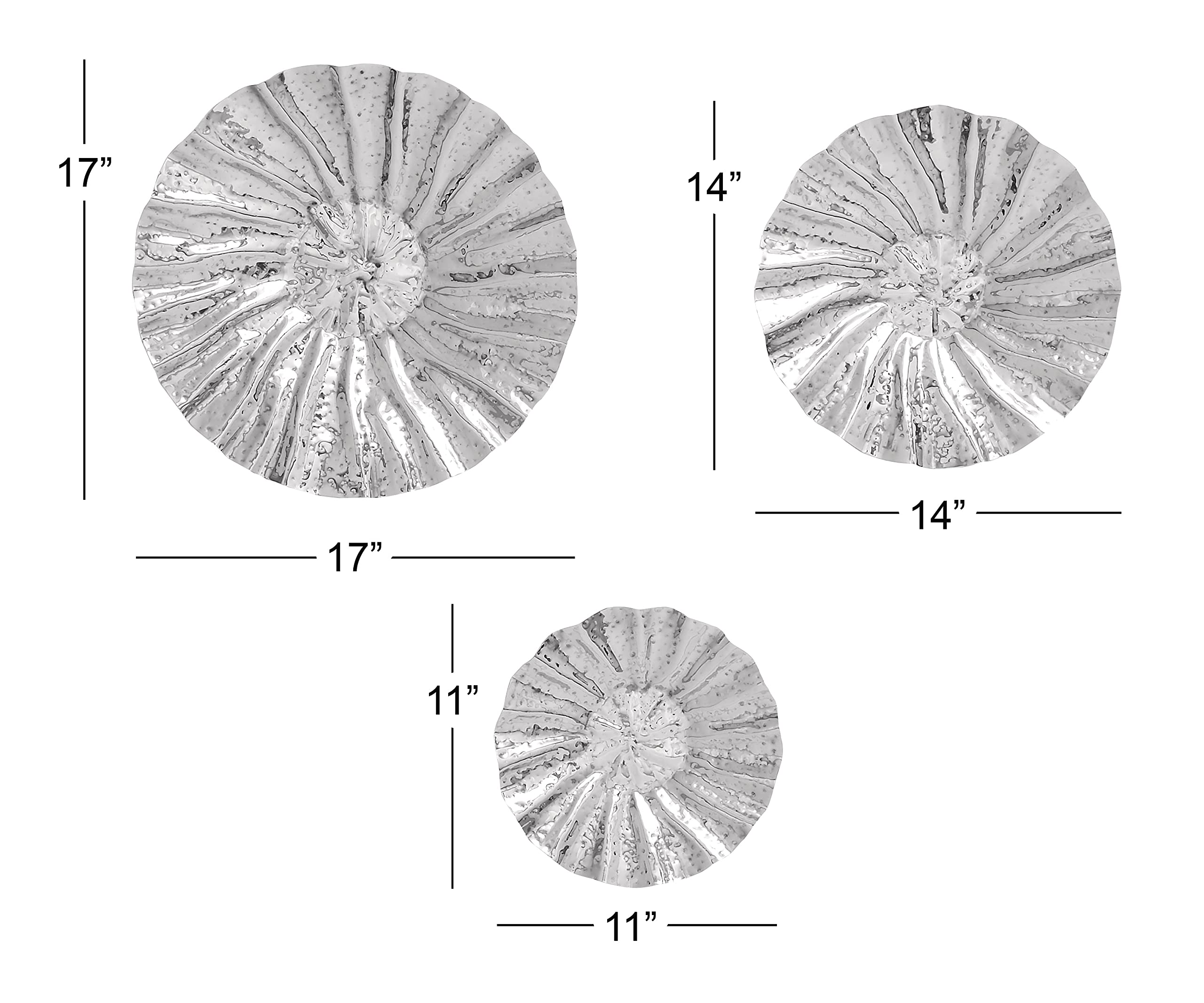 Deco 79 Stainless Steel Plate Wall Decor with Hammered Designs, Set of 3 17", 14", 11"W, Silver