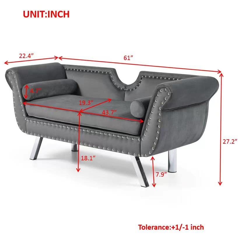 Mid Century Modern Loveseat Sofa, Upholstered Chesterfield Sofa With 2 Bolster Pillows, Velvet Love Seat With Nailhead Trim, 61" Small Couches Loveseat Settee Roll Arm For Living Room, Dorm(Grey)