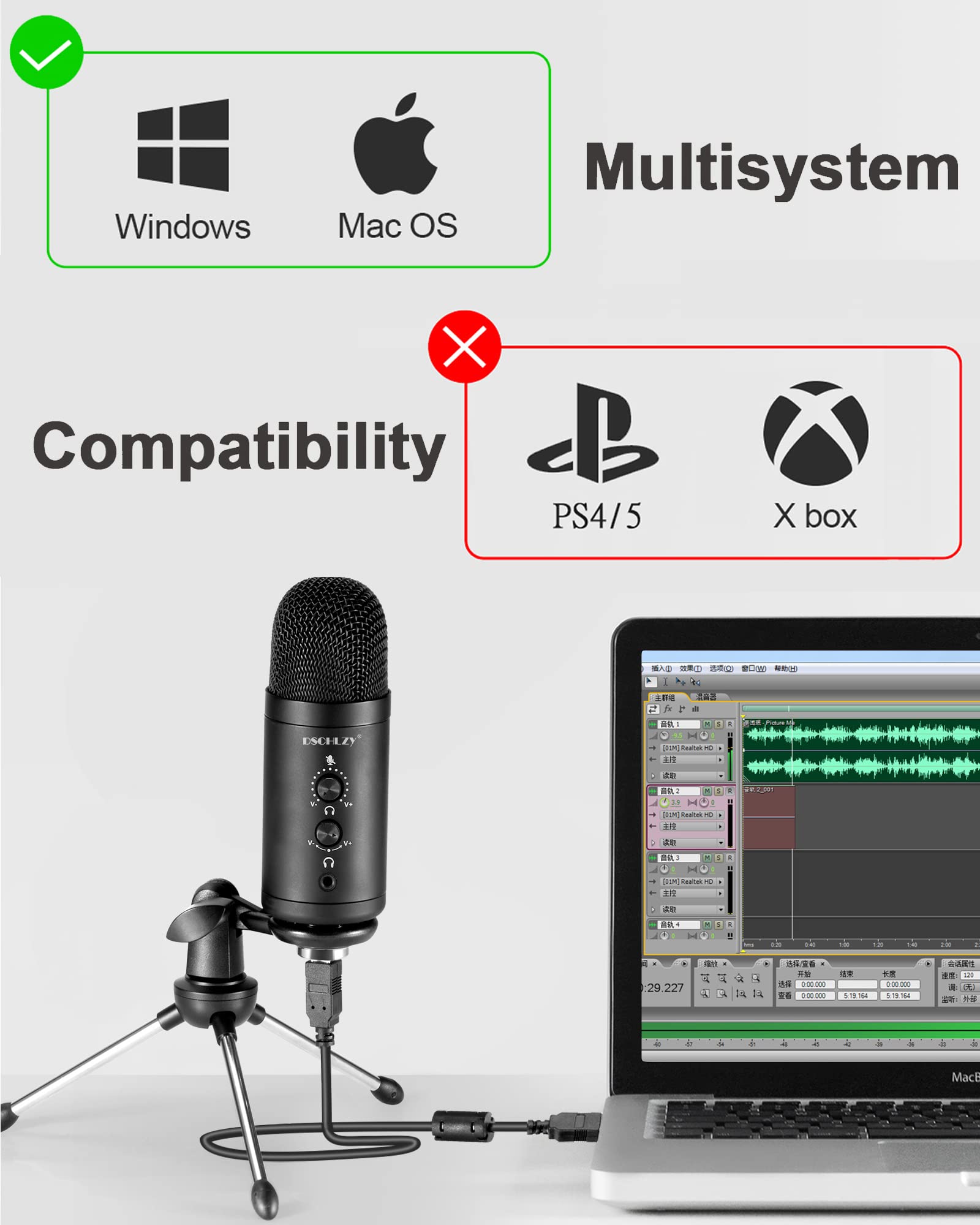 DSCHLZY USB Streaming Podcast PC Microphone - Professional Studio Vocal Recording Computer Cardioid Condenser Mic with Tripod Stand for Singing Skype Voice YouTube Discord Twitch Podcasts Videos