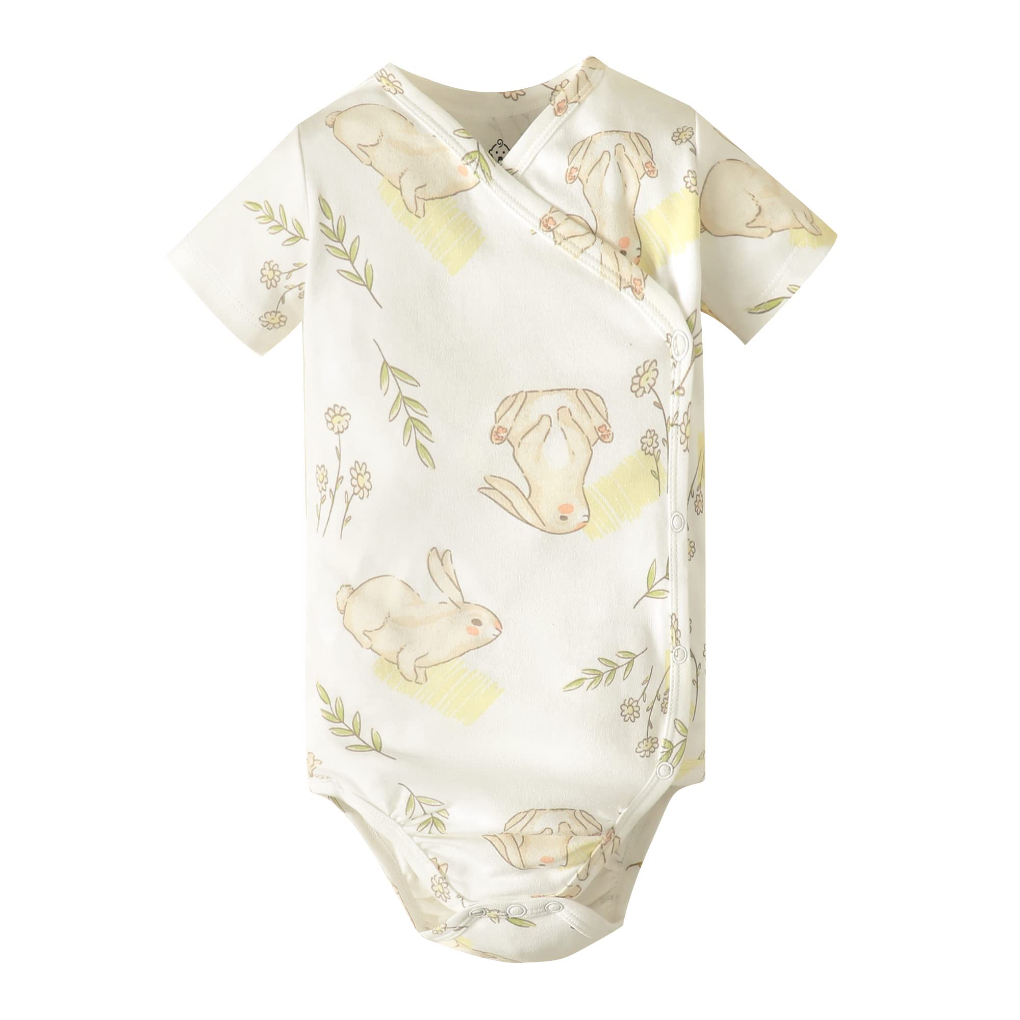 DEFAHN Baby Side Snap Bodysuit Kimono Onsies Newborn Boy Girl 3-Pack Cotton Basic Pattern Kimono Bodysuits (Beige/Bunny/Carrot, 6-9 Months)