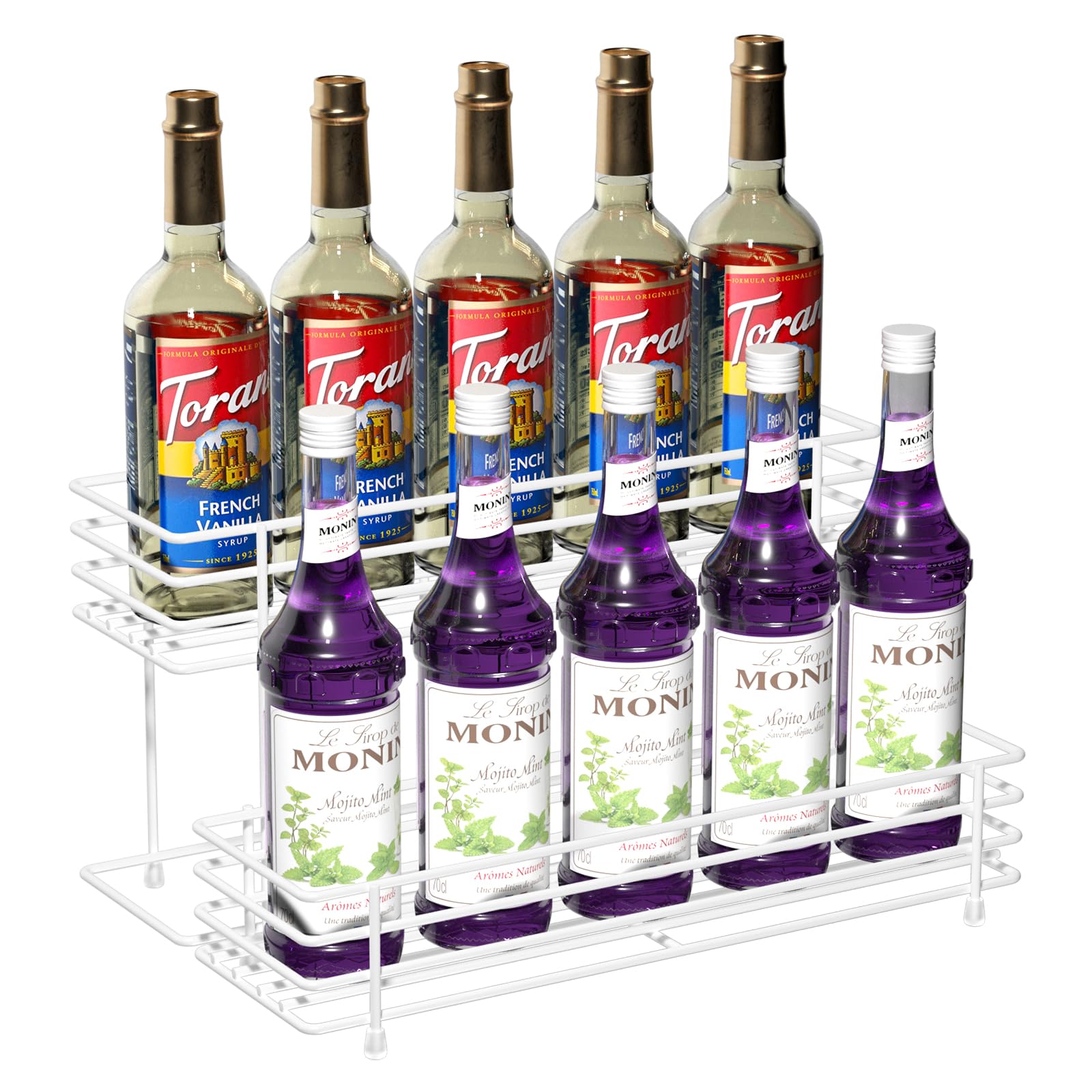 eipizx Coffee Syrup Organizer 2 Tier Syrup Bottle Holder Rack for Coffee Bar 10 Bottles White Wine Bottle Rack Coffee Syrup Stand Shelf for Syrup, Wine, Coffee Bar Organizer for Kitchen Coffee Shop