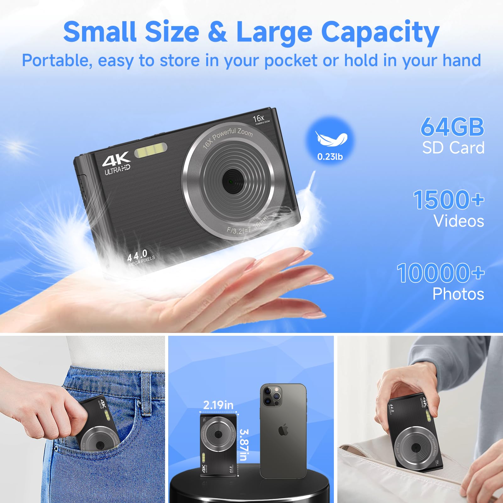 Digital Camera for Teens, FHD 4K 44MP Digital Camera with 64GB SD Card 16X Digital Zoom, Digital Camera Compact Point and Shoot Camera for Teens Boys Kids Camera Digital Black(Black)