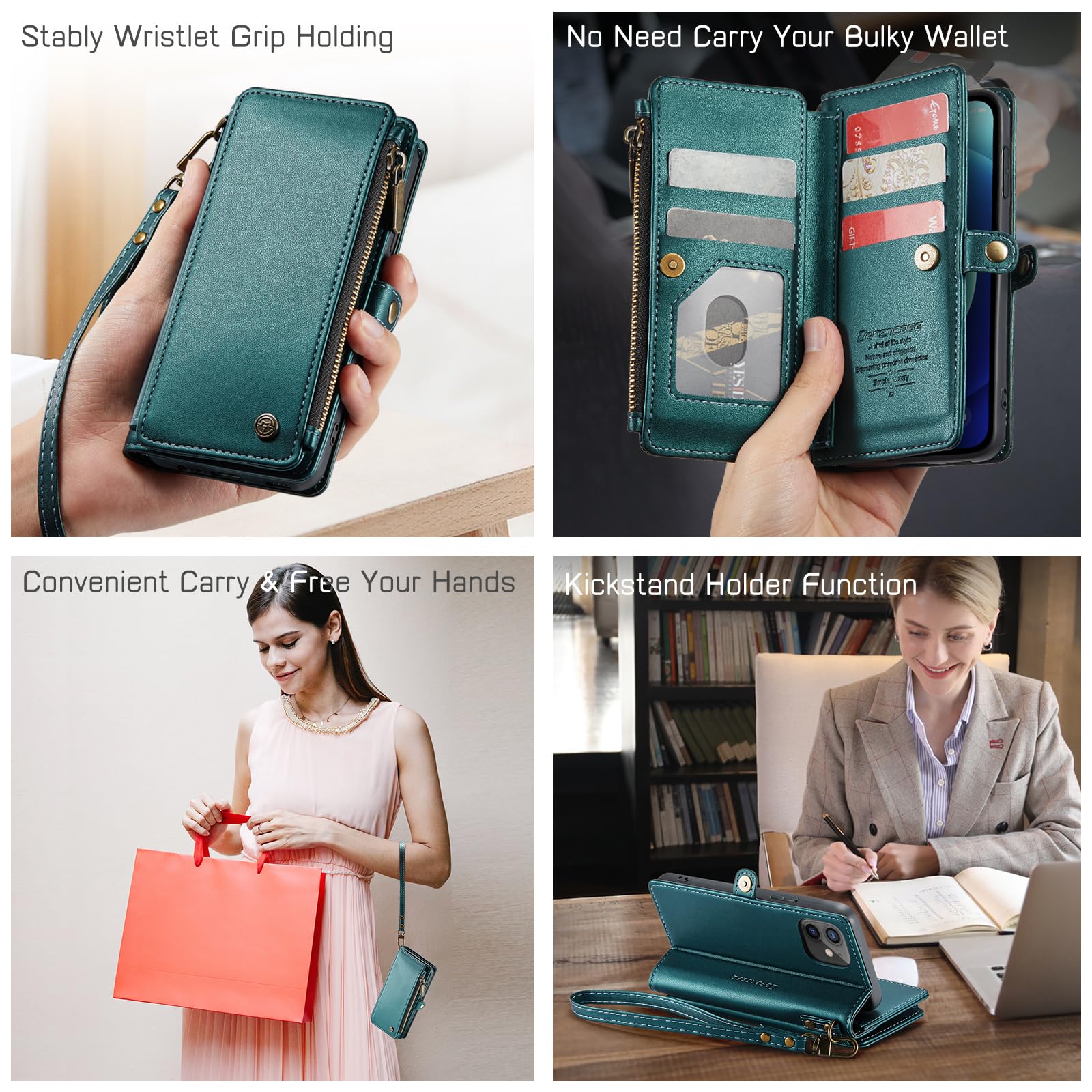 Defencase for iPhone 12/12 Pro Case, RFID Blocking for iPhone 12 Wallet Case for Women with Card Holder, Zipper Magnetic Flip PU Leather Strap Protective Cover for iPhone 12/Pro Phone Case, Blue Green