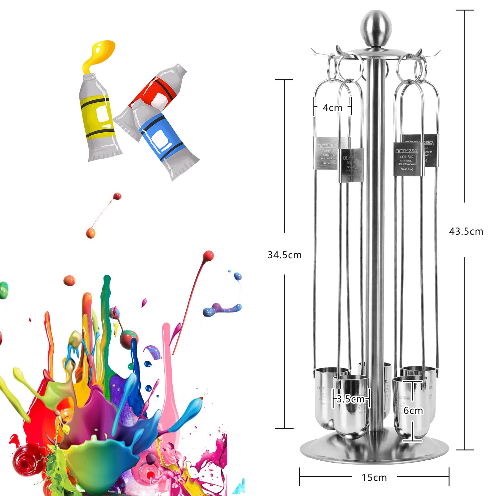 GELTTULU Zahn Cup Immersion Viscosity Cup,#1 to #5 Dip Type 44ml Stainless Steel Viscometer Flow Cup with Storage Rack for Paint, Ink, Dye, Lacquers, Food, Syrup,Oil(5 pcs)