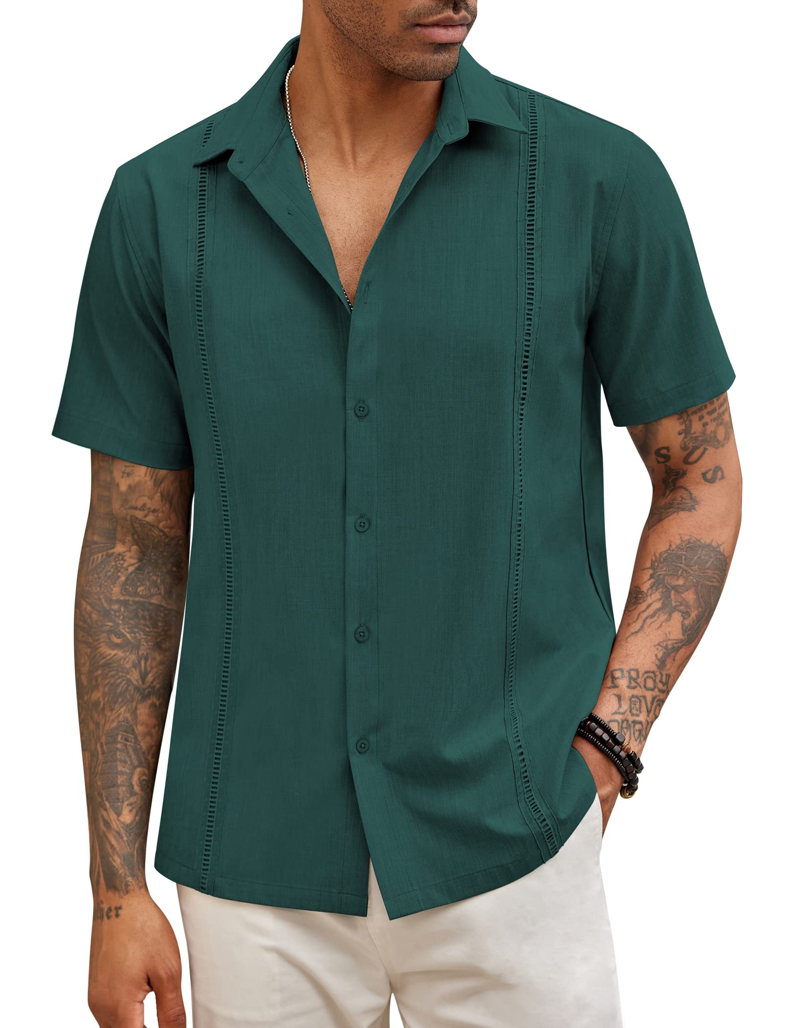 COOFANDY Men's Casual Button Down Shirts Short Sleeve Cotton Tops Regular Fit Summer Beach Dress Shirt~ Dark Green