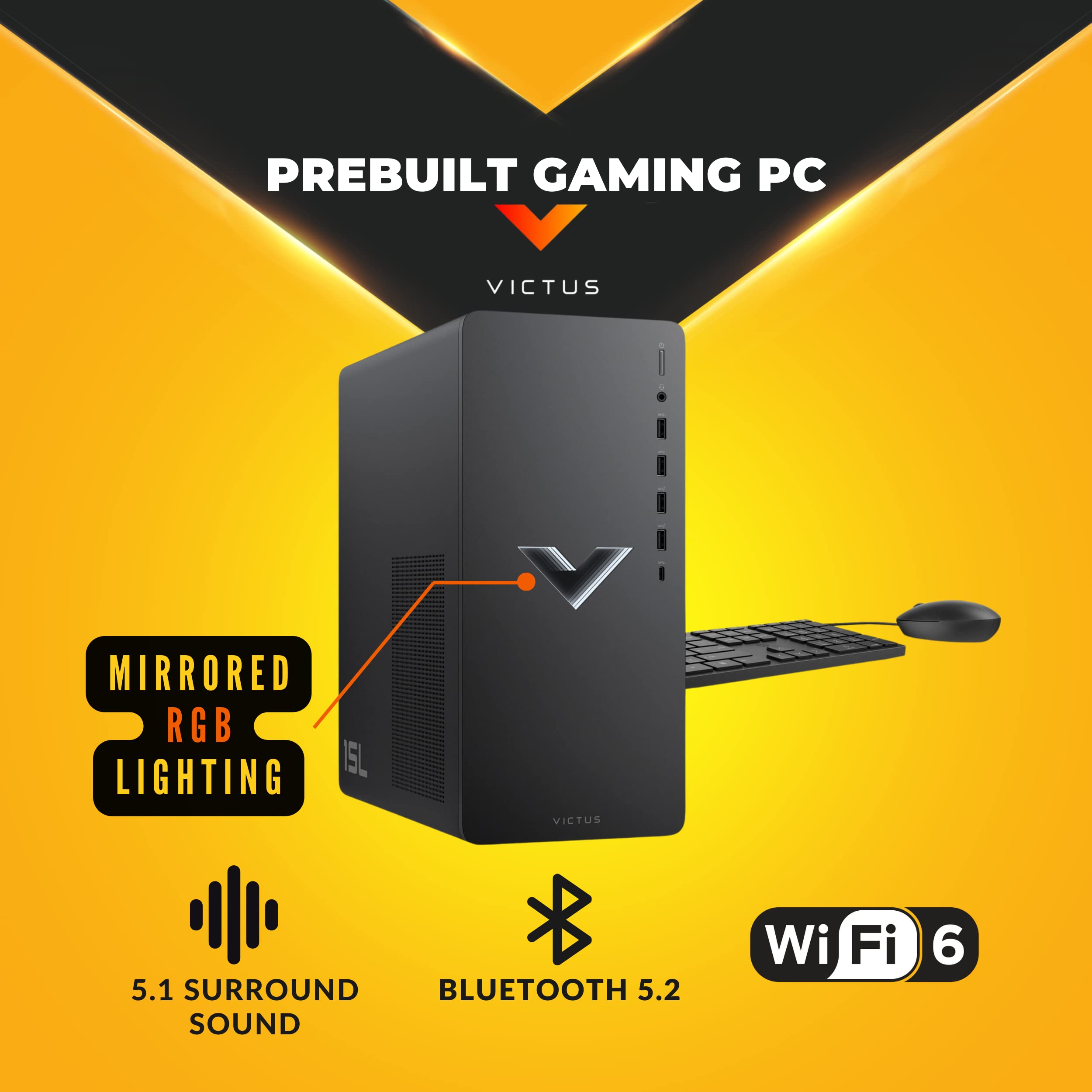 HP Victus 15L PC Gaming Desktop, AMD Ryzen 7 5700G Processor(8 cores,16 Threads), 32 GB RAM, 2 TB SSD, Radeon RX 6600XT Graphics(8 GB GDDR6), WiFi 6, Bluetooth, USB-C, DiplayPort, Windows 11 Home