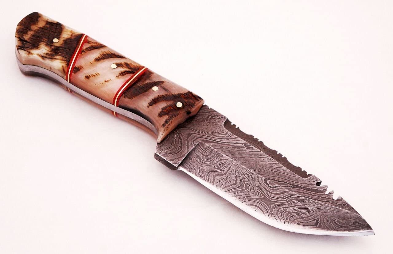 DSK-126 Custom Handmade Damascus Steel 8 inches Wood Handle Full Tang Hunting/Survival Hand forge/Outdoor Tracker Horn Handle Knife