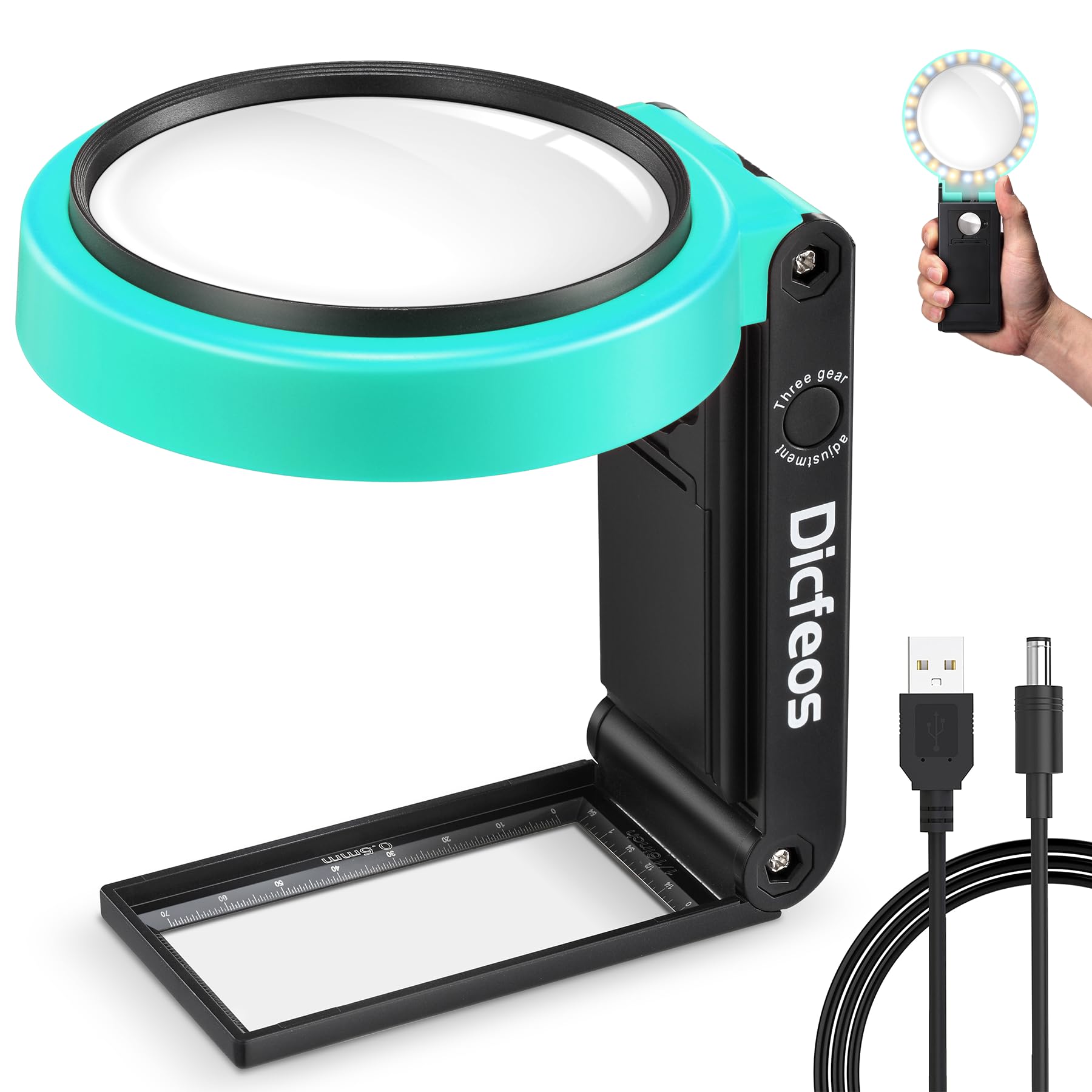 Dicfeos 30X 40X Magnifying Glass with Light and Stand, Non-Rechargeable, Folding Design 32 LED Illuminated Magnifying Glass for Close Work, Powered by Battery or USB(Green)