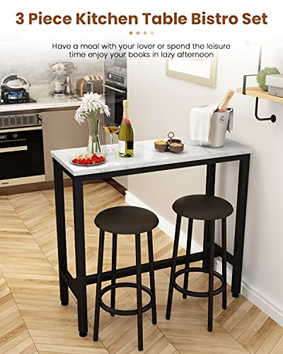 Recaceik Dining Table Set, 39.4β Rectangle Pub Dining Set Kitchen Table Set Bar Table with Stools, 3-Piece Breakfast Table Set with Metal Frame for Kitchen Dining Room w/ 2 Chairs - White