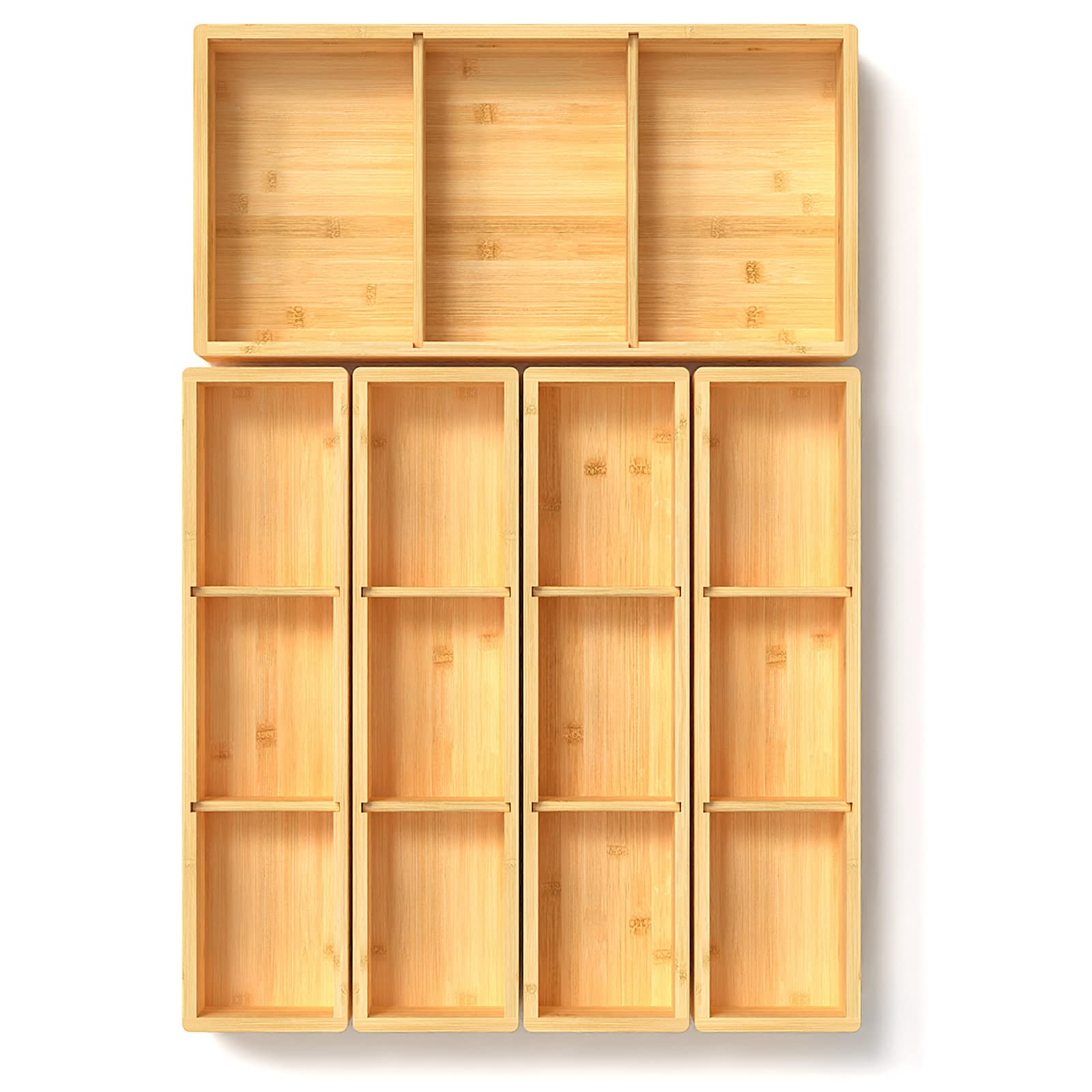 DUJEN 5 PCS Bamboo Drawer Organizer for Silverware Organizer 18'' X 12'' X 2', Adjustable 3 Individual Storage Box for Stackable Utensil Organizer, Flatware Kitchen Storage and Organizer