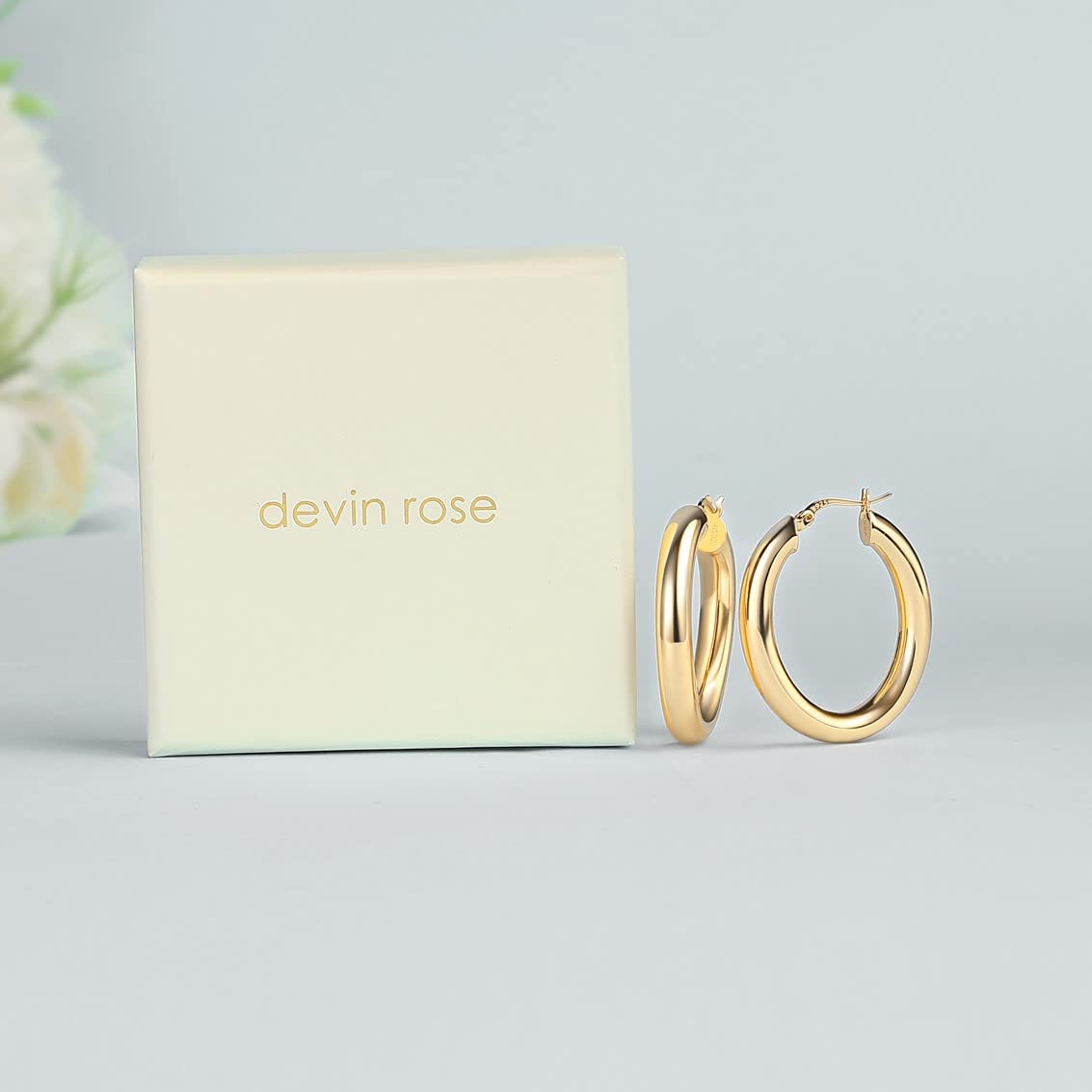 Devin Rose Oval Chunky Thick Hoops 14K Yellow Gold Plated Brass Hoop Earrings for Women 925 Sterling Silver Posts