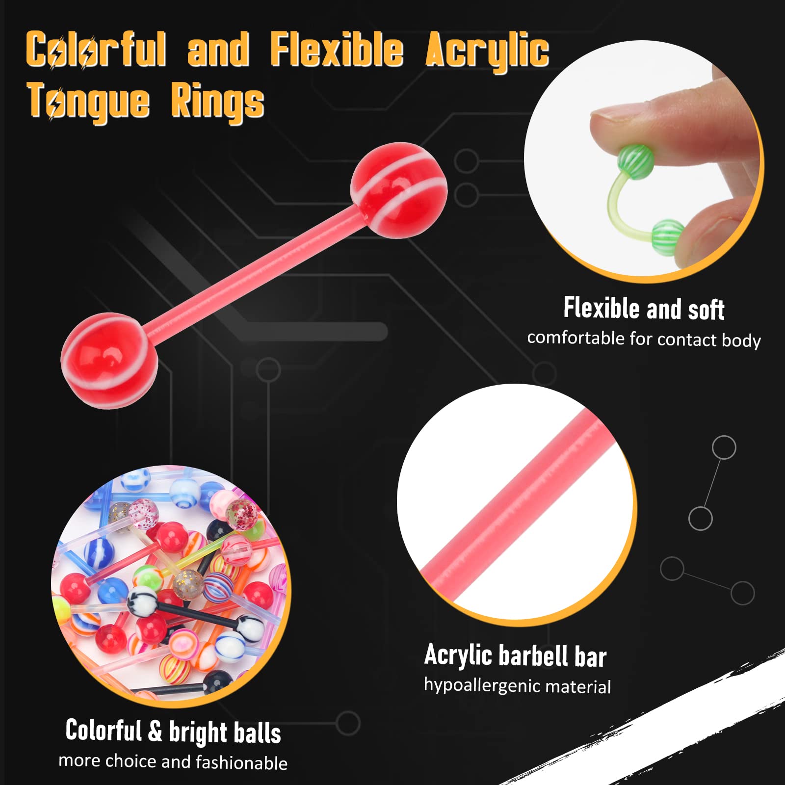CrazyPiercing 100Pcs 14G Acrylic Tongue Rings, Multi Color Assortment Flexible Tongue Rings Barbells Mix Piercing