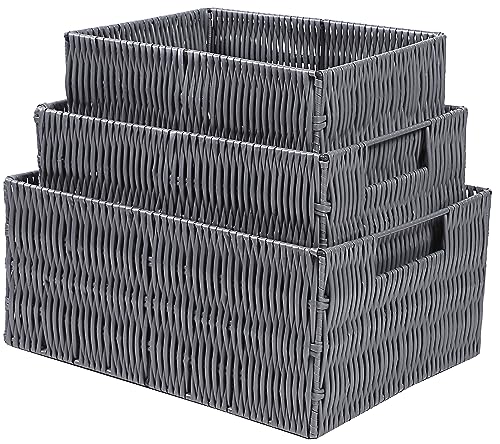 Elevon Handmade Wicker Storage Baskets Organizer Bins, Set of 3, Gray