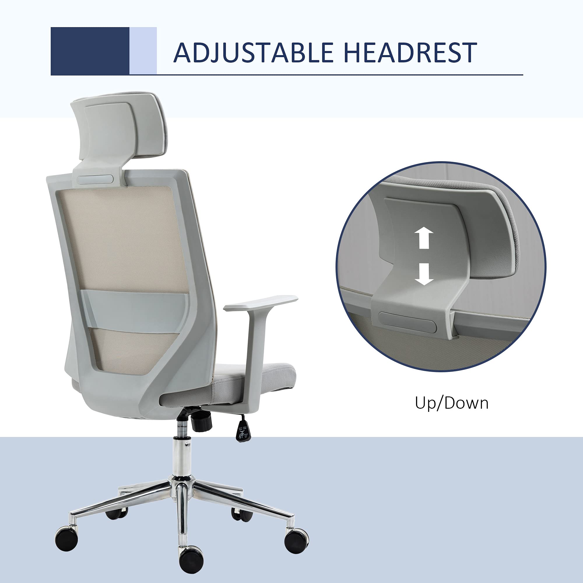 Vinsetto High Back Office Chair, Swivel Task Chair with Lumbar Back Support, Breathable Mesh, and Adjustable Height, Headrest, Grey